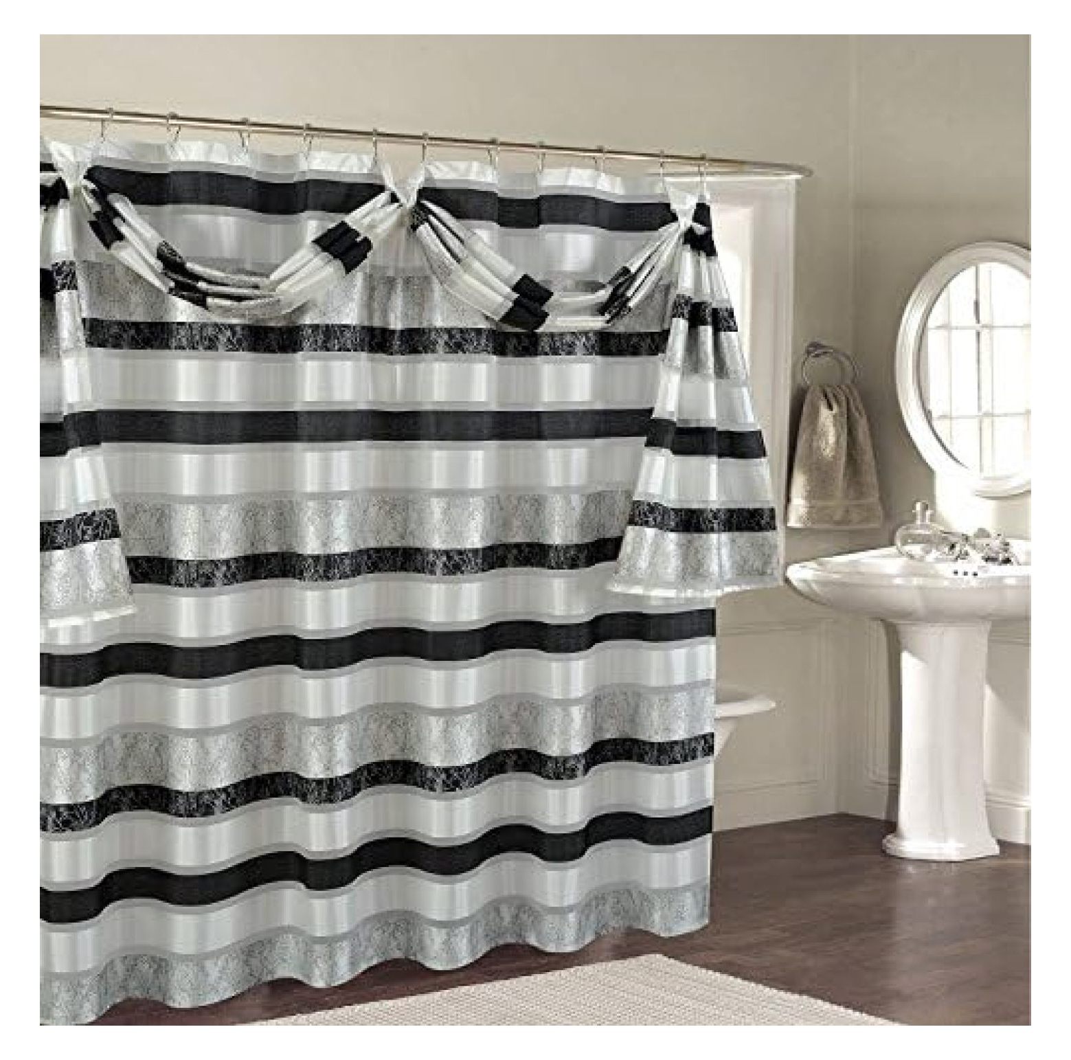 Decorative Sheer Scarf Shower Curtain with Floral & Striped Designs 70 ...