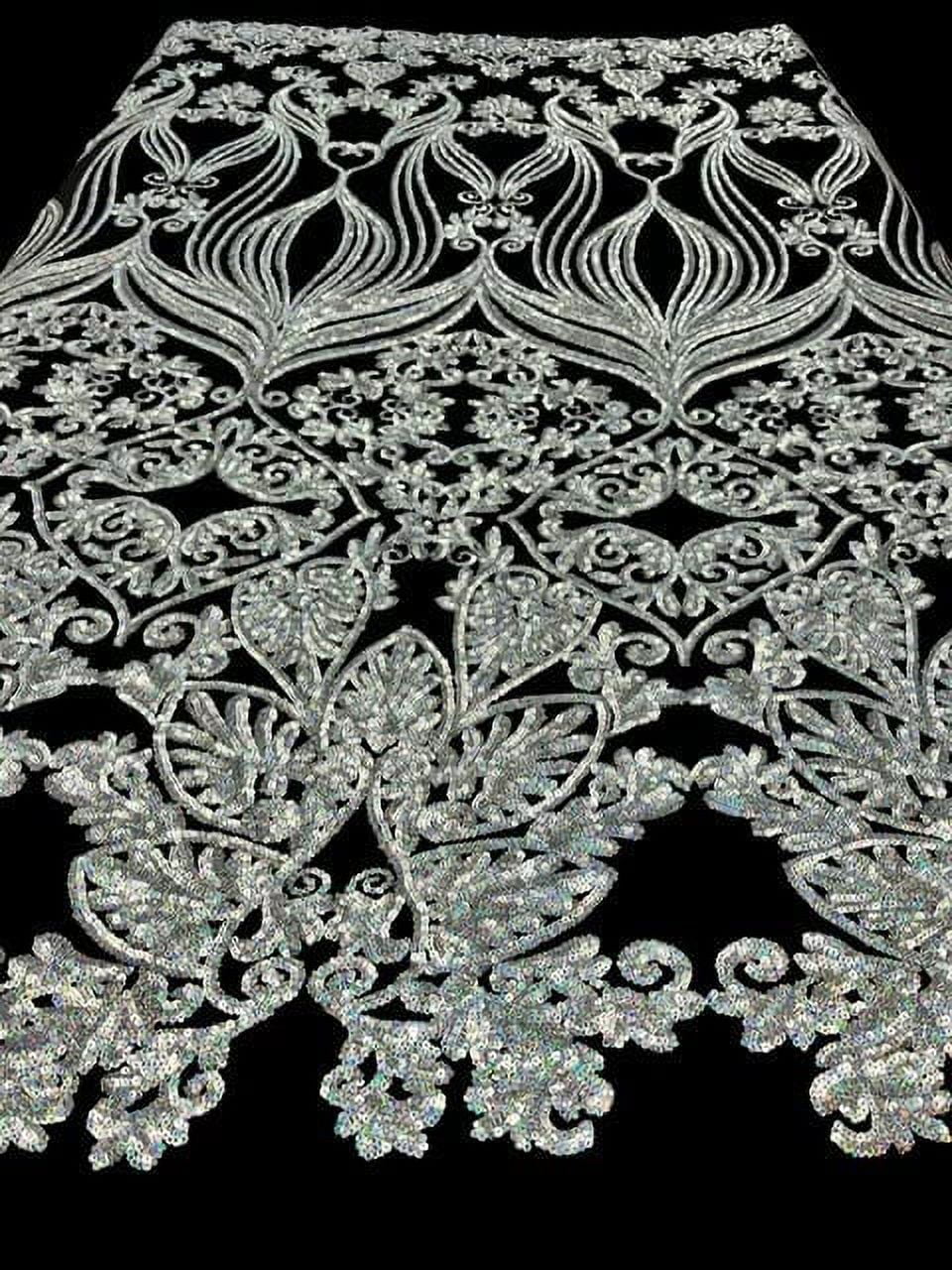 Decorative Silk INc Damask Design Embroidered on Mesh Lace Fabric by ...