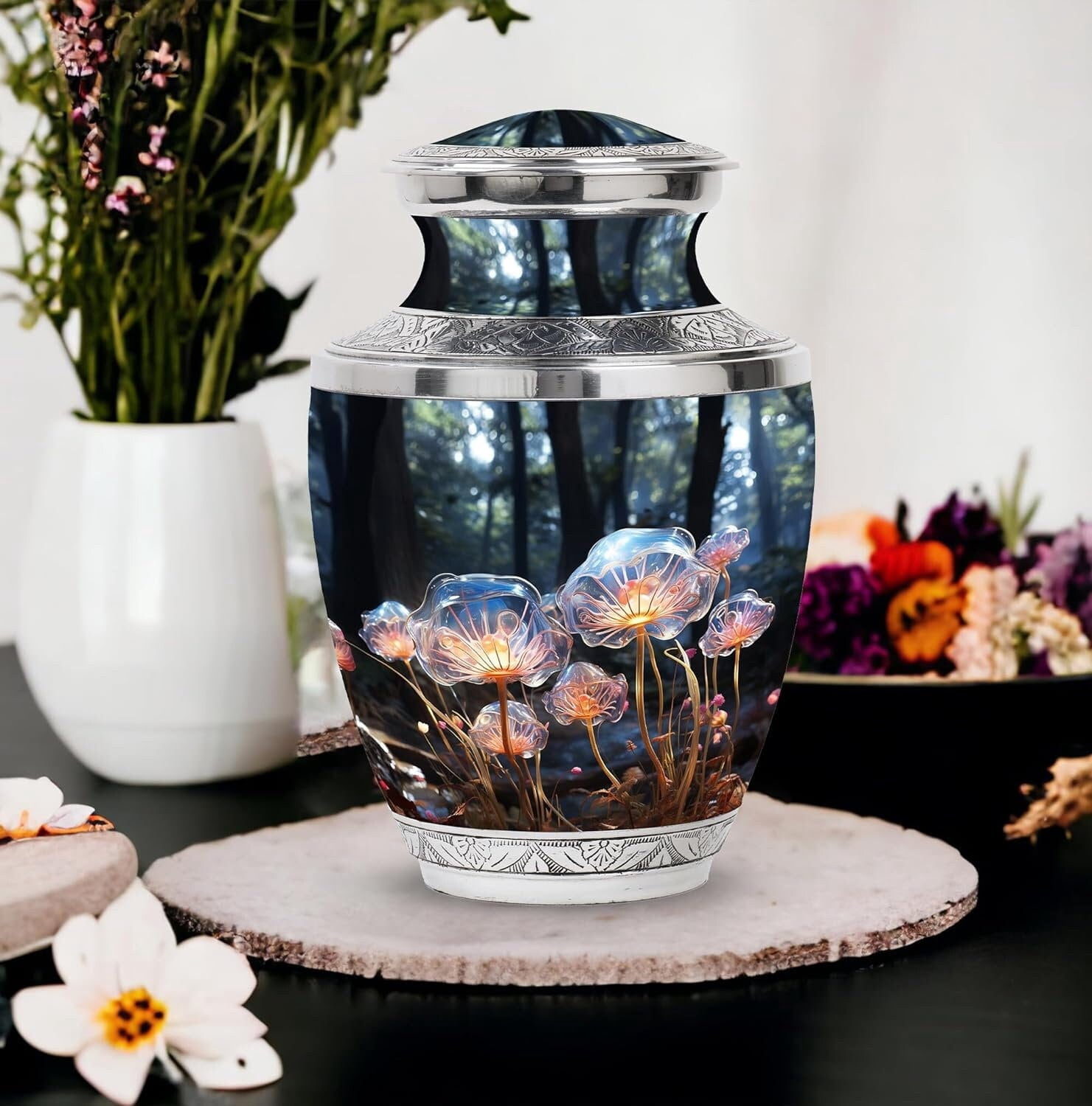 Decorative Silver Cremation Urn with Floral Artwork, personalized ...