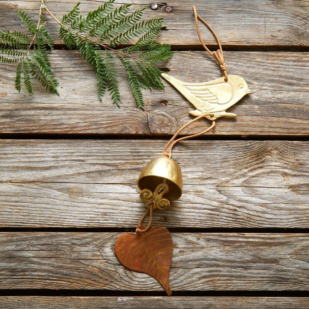 Decorative Small Solid Brass Bell Ornament, Songbird Wren Decor, Handmade by Artisans, Outdoor ...