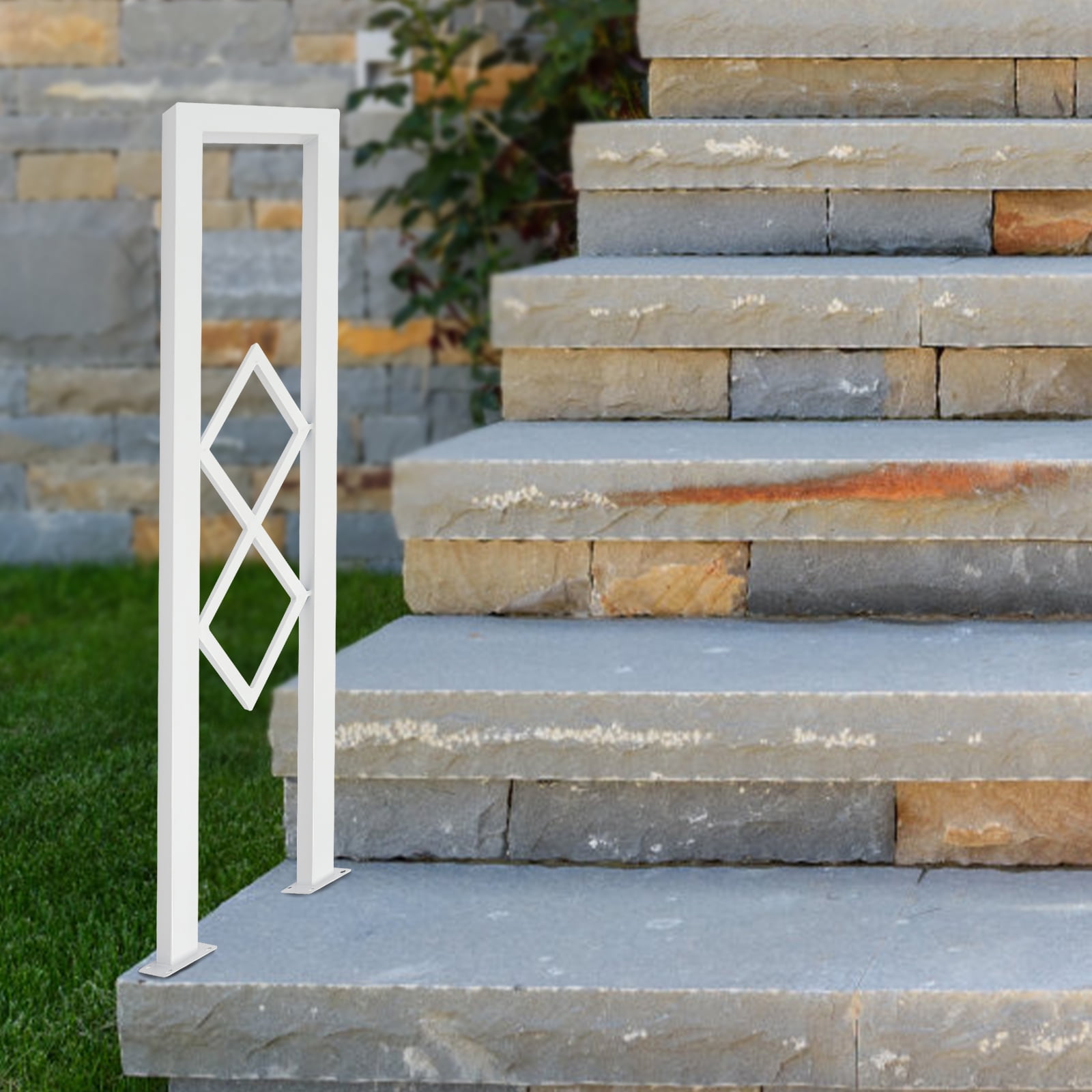 Decorative Stair Railing, Diamond Pattern, 33.5in White Steel Handrail ...