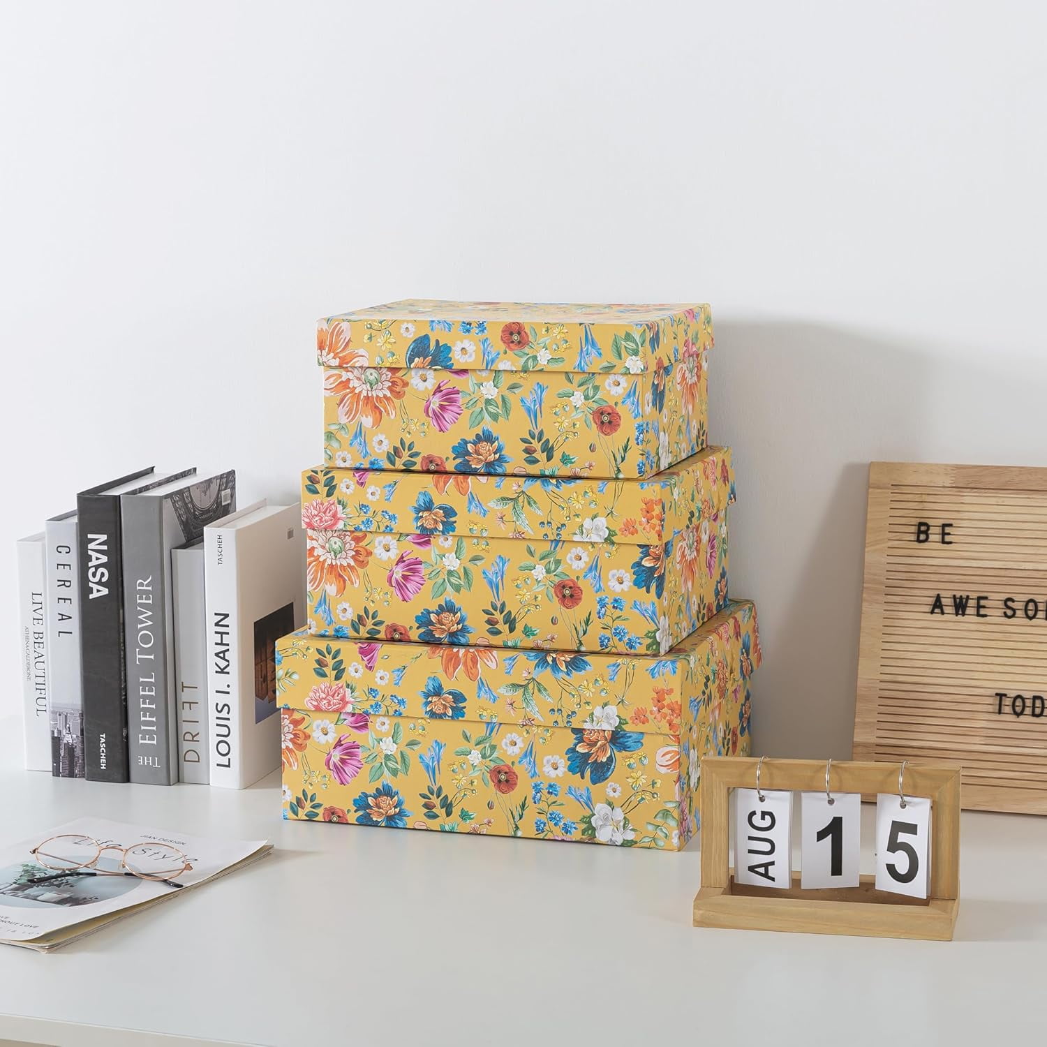 Decorative Storage Boxes with Hinged Lids, Golden Bloom - Set of 3 ...