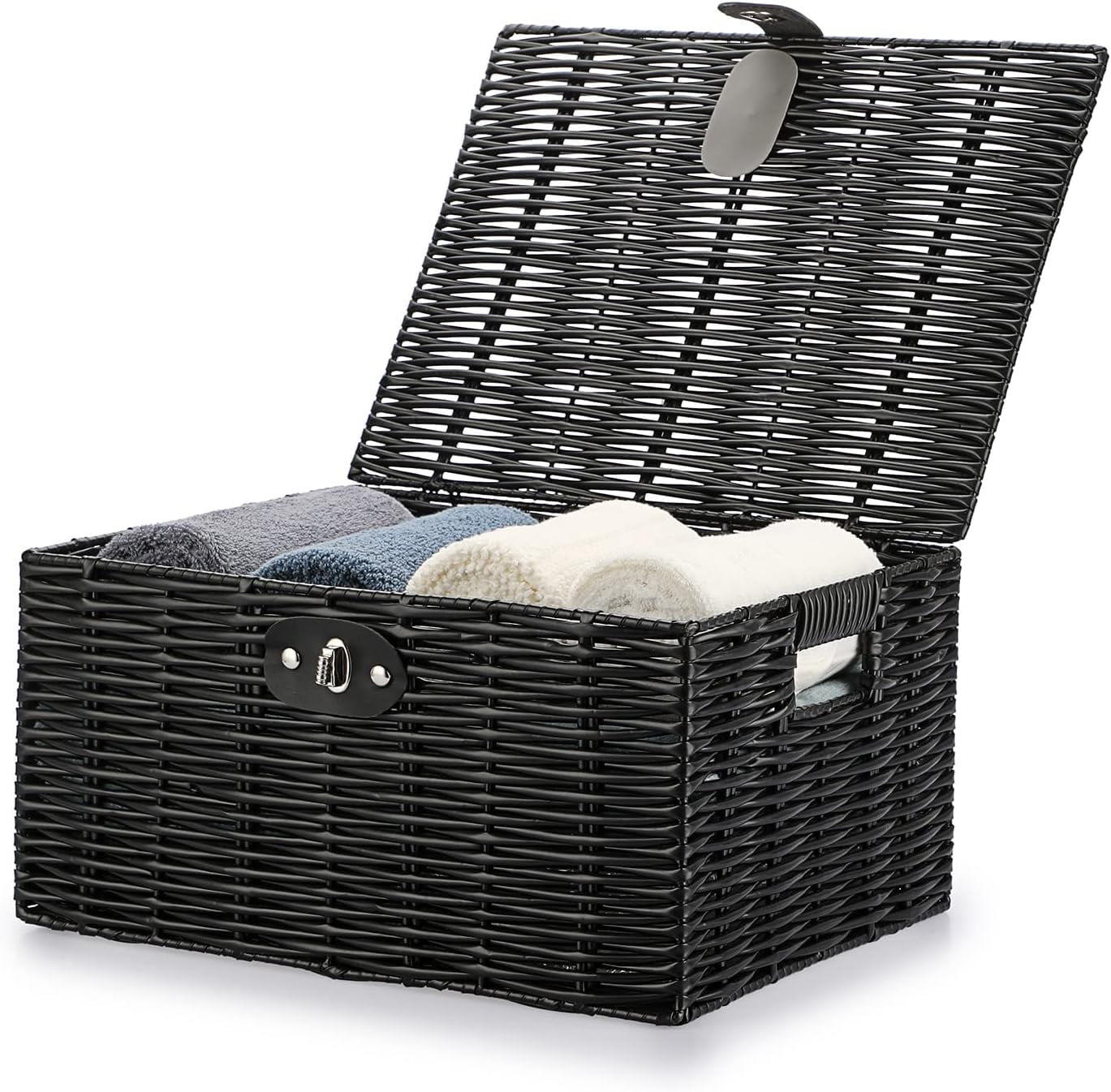 Decorative Storage Boxes with Lids & Lock Black Woven Basket Bin Built ...