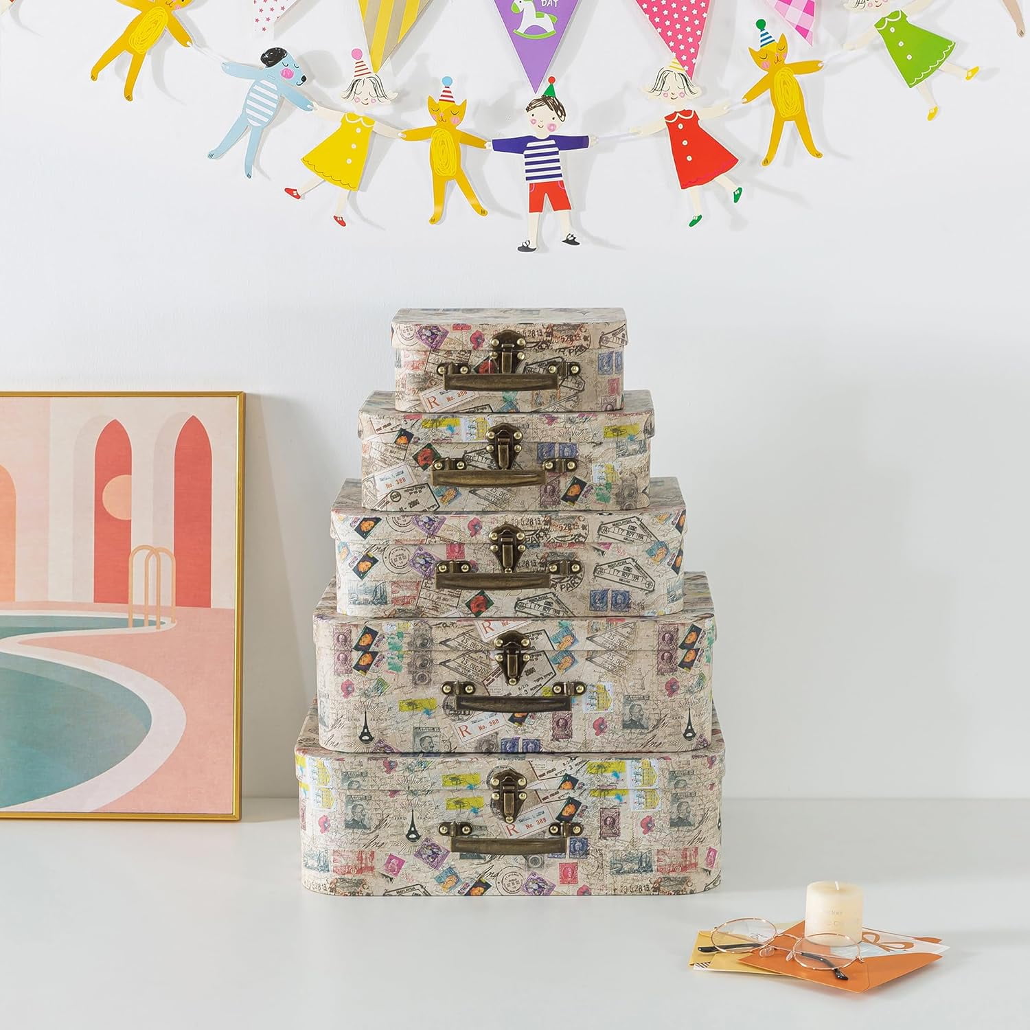 Decorative Suitcase Storage Boxes with Handle, Set of 5 Cardboard ...