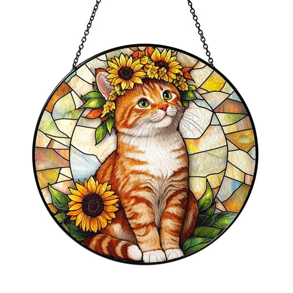 Decorative Sunflower Cat Window Hanging Stained Glass Style Suncatcher ...