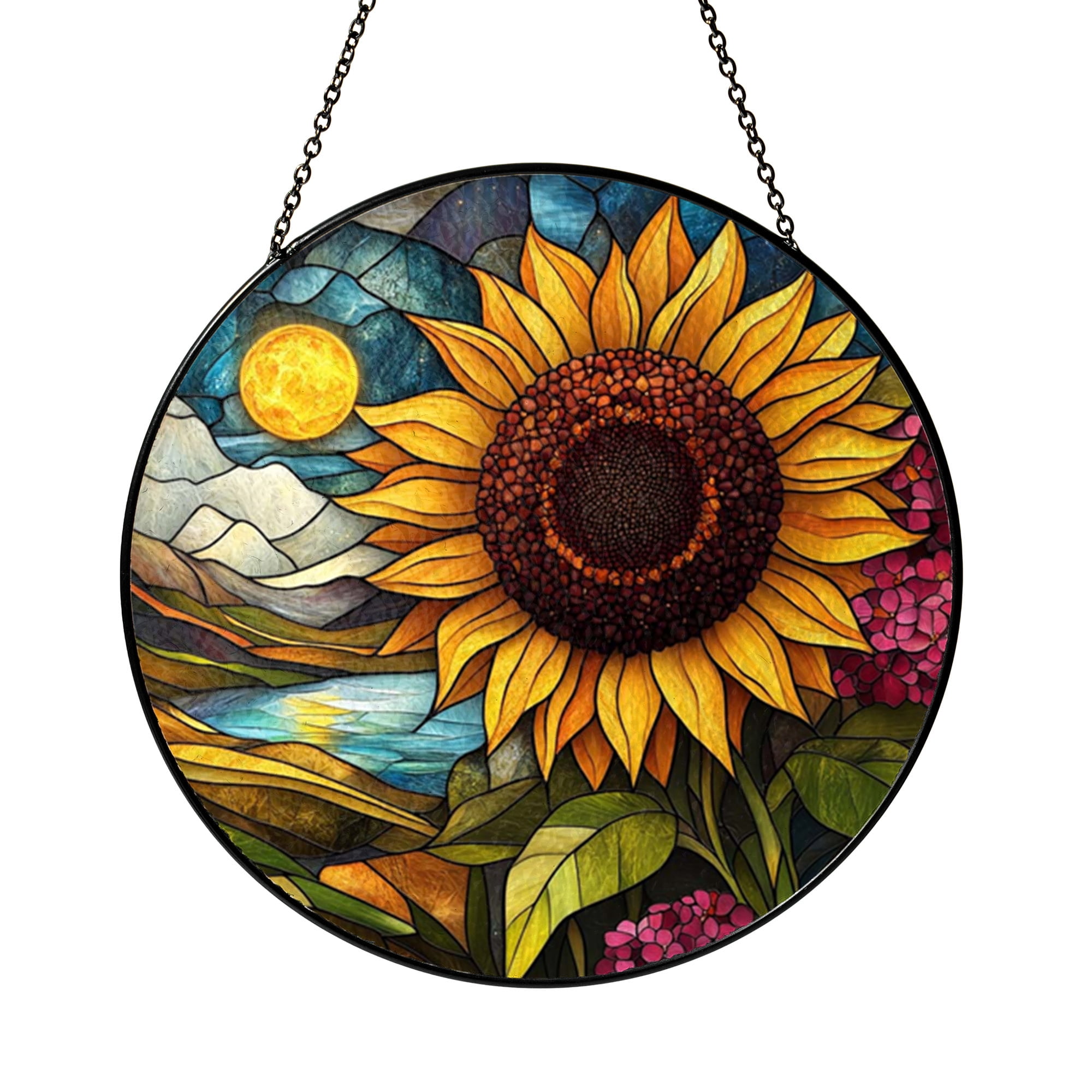 Decorative Sunflower Celestial Scene Stained Glass Suncatcher, Window ...