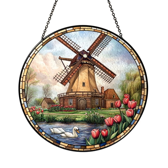 Decorative Swan and Windmill Glass Suncatcher Panel, Stained Glass ...