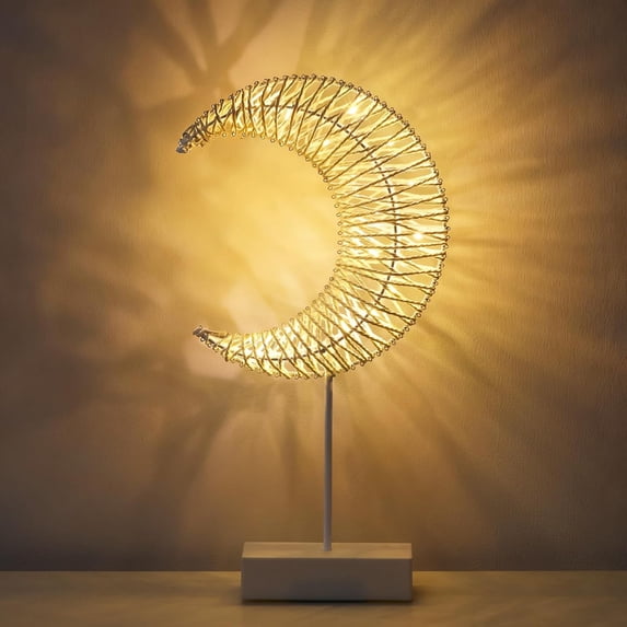 Decorative Table Lamp, Moon Shape Rattan Ramadan Desk Lamp Battery ...