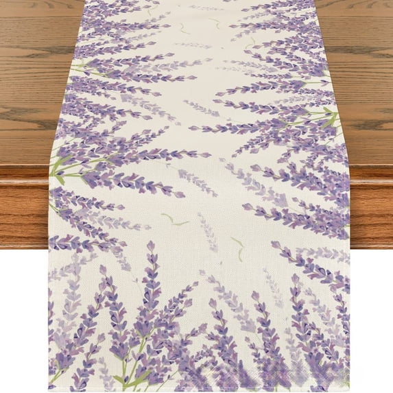 Decorative Table Runner with Purple Lavender Pattern, White Cotton ...