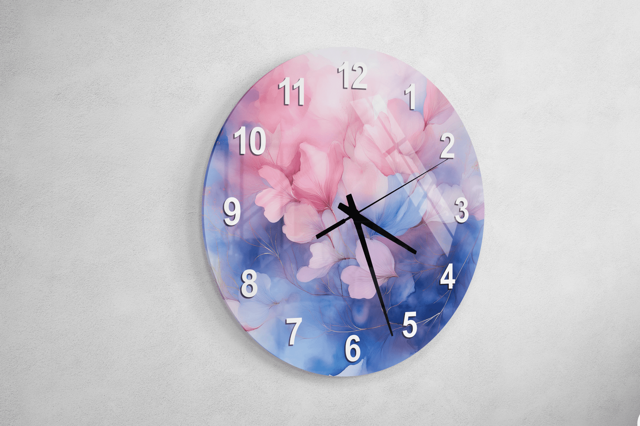 Decorative Tempered Glass Wall Clock Watercolor Pink and Blue Floral ...