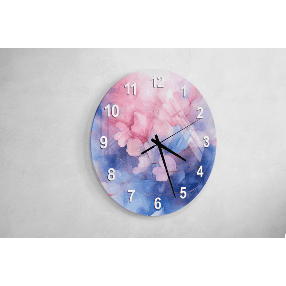 Decorative Tempered Glass Wall Clock Watercolor Pink and Blue Floral ...