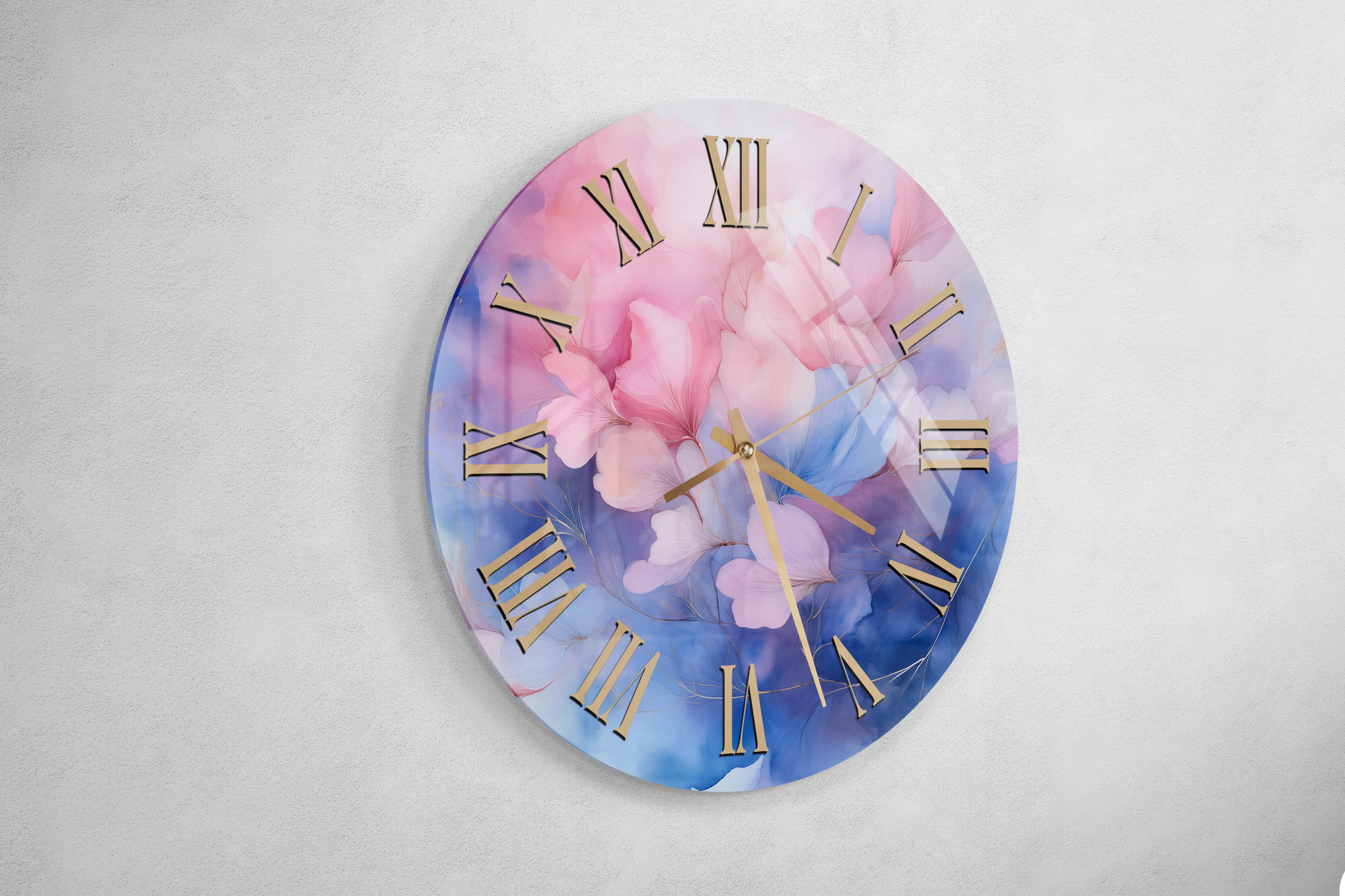 Decorative Tempered Glass Wall Clock Watercolor Pink and Blue Floral ...