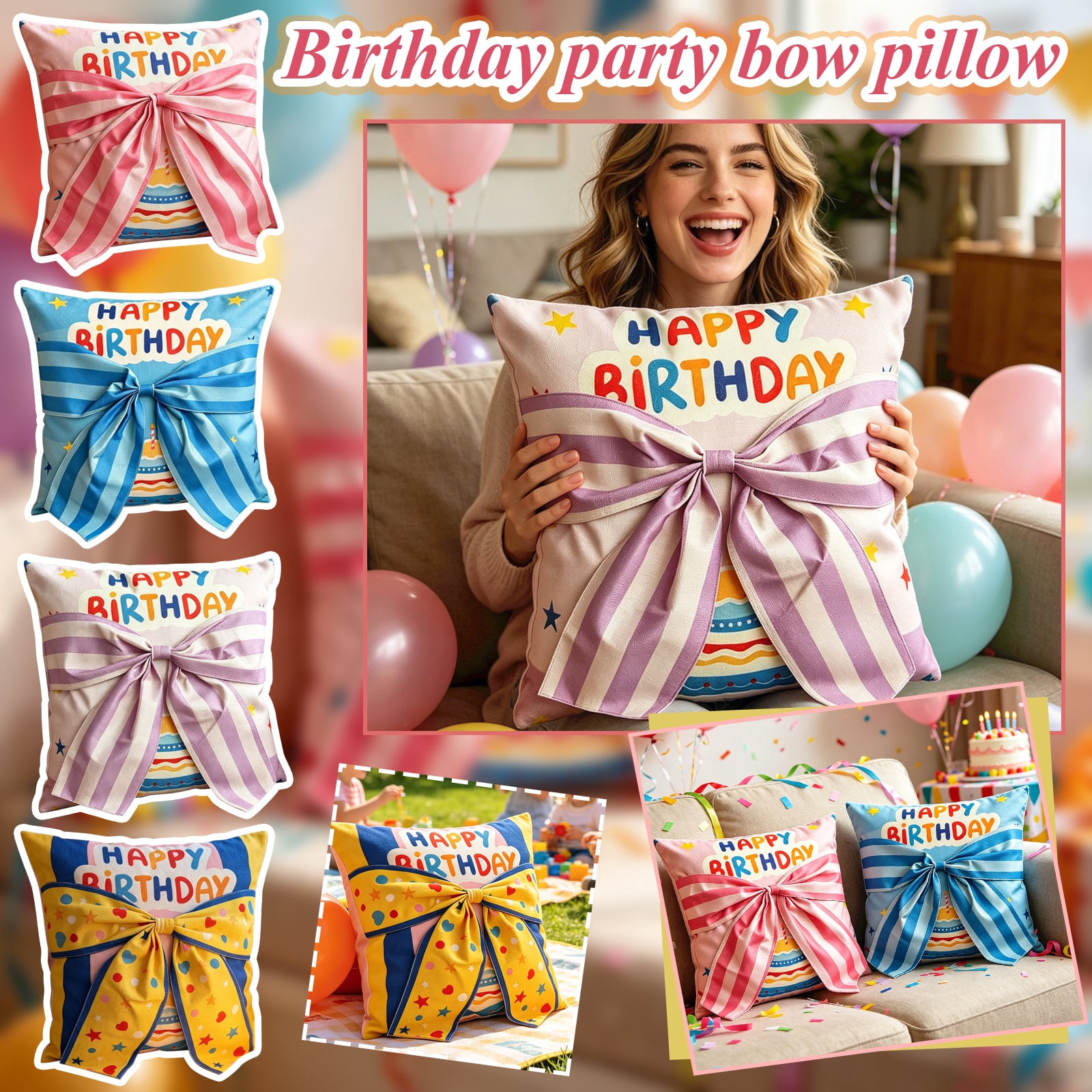Decorative Throw Pillow Cover With Happy Birthday Script And Bow ...