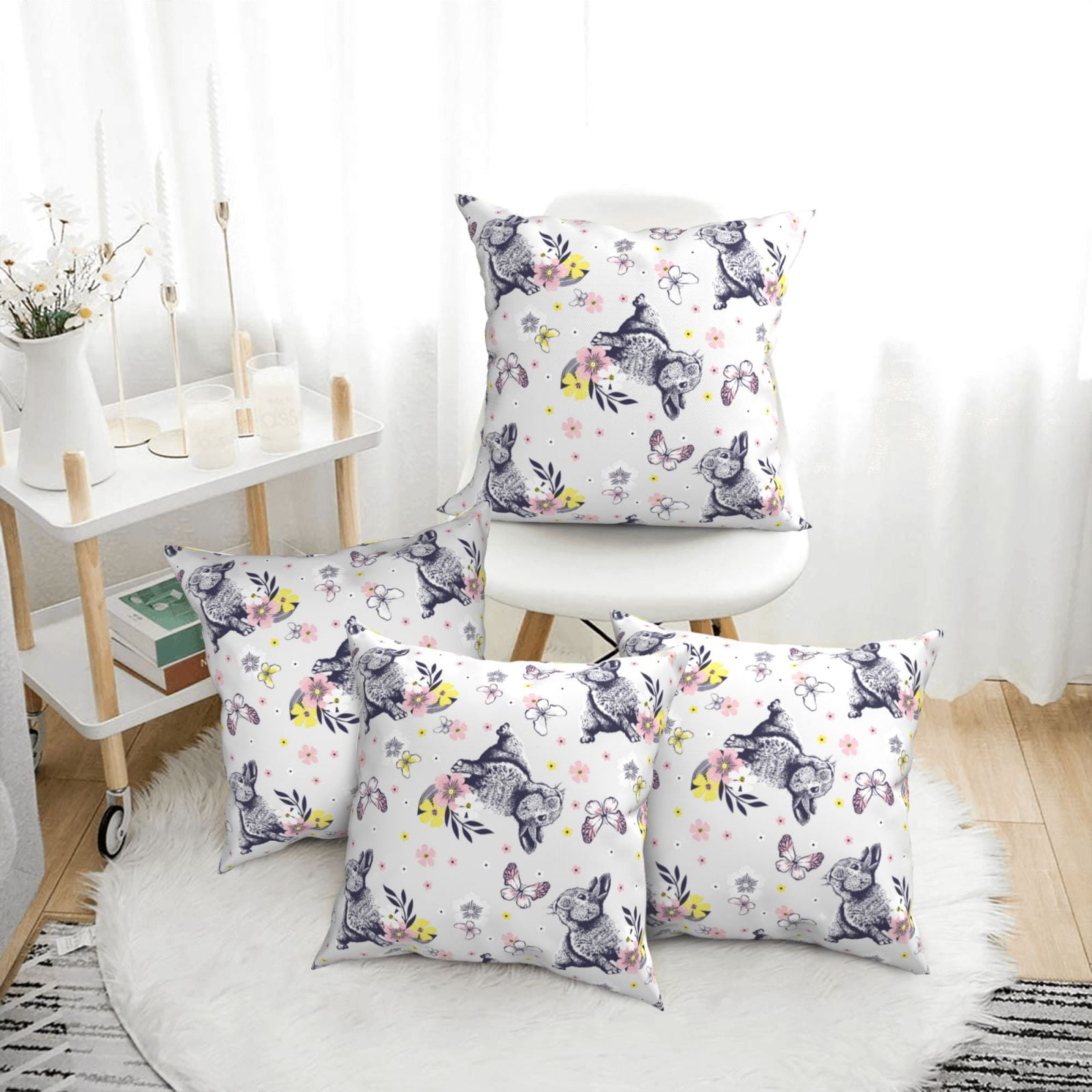 Decorative Throw Pillow Covers - Cute Rabbit Butterfly Flower Pack of 4 ...