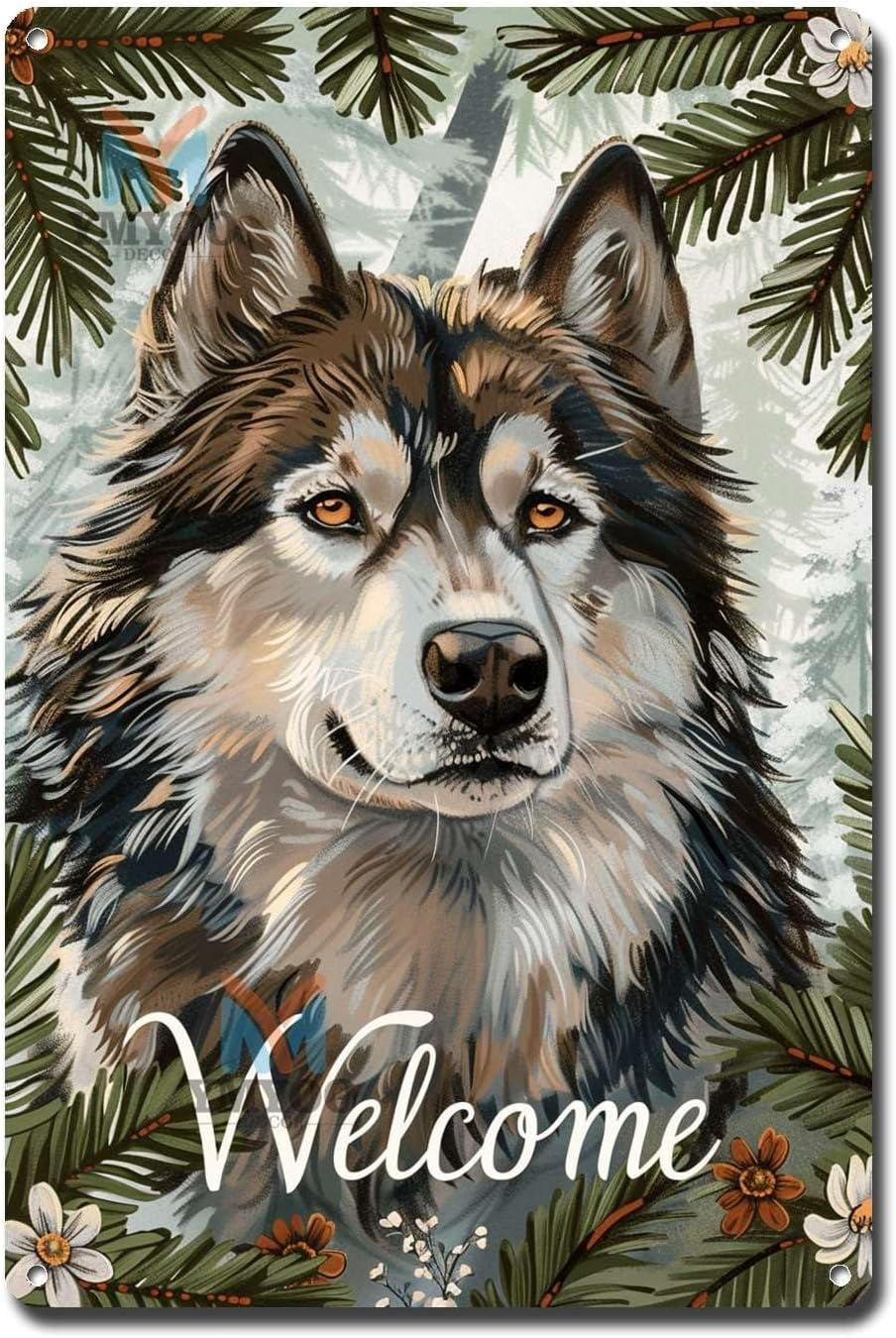 Decorative Tin Sign Vintage Wall Art Alaskan Malamute Evergreen Welcome ...
