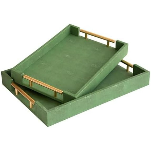 Decorative Tray Set of 2, Green Shagreen Leather Tray, Modern Elegant ...