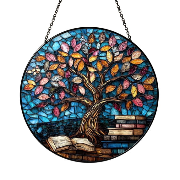 Decorative Tree Book Glass Suncatcher Window Decor, Stained Glass Style ...
