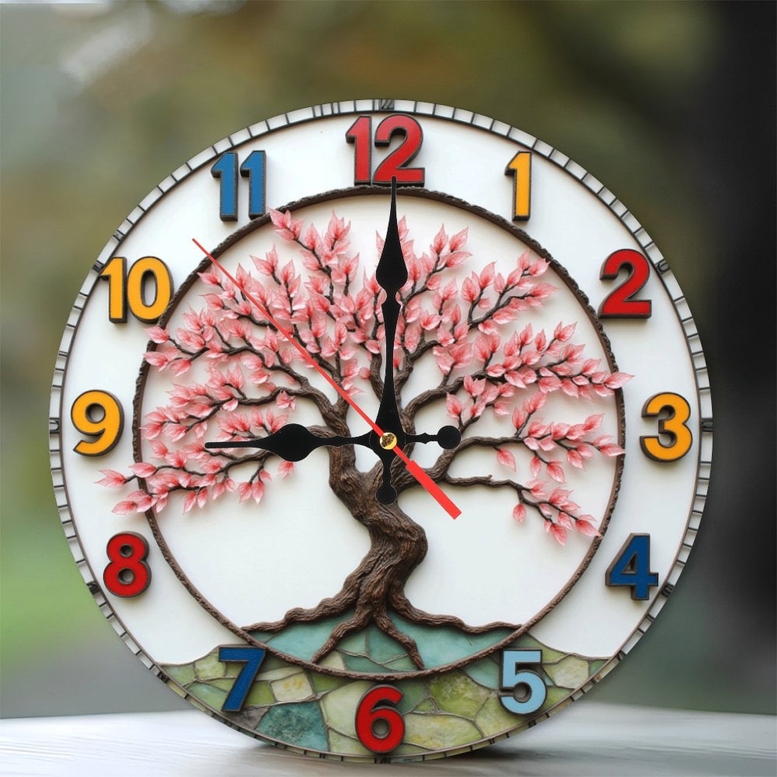 Decorative Tree Wall Clock with Floral Design 10-Inch Silent Wooden ...