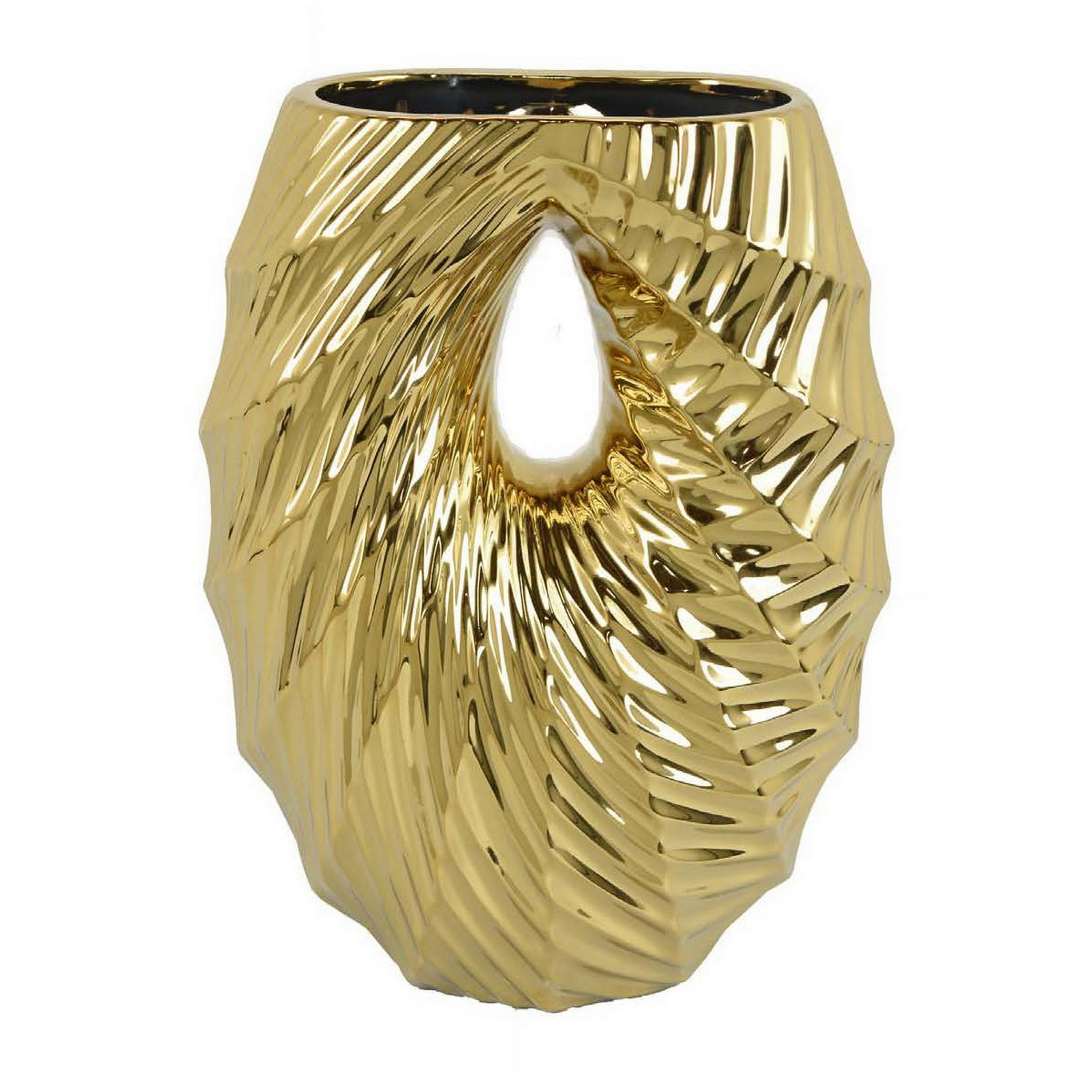 Decorative Vase, 16 Inch U Shape Ceramic Body, Gold Geometric Pattern ...