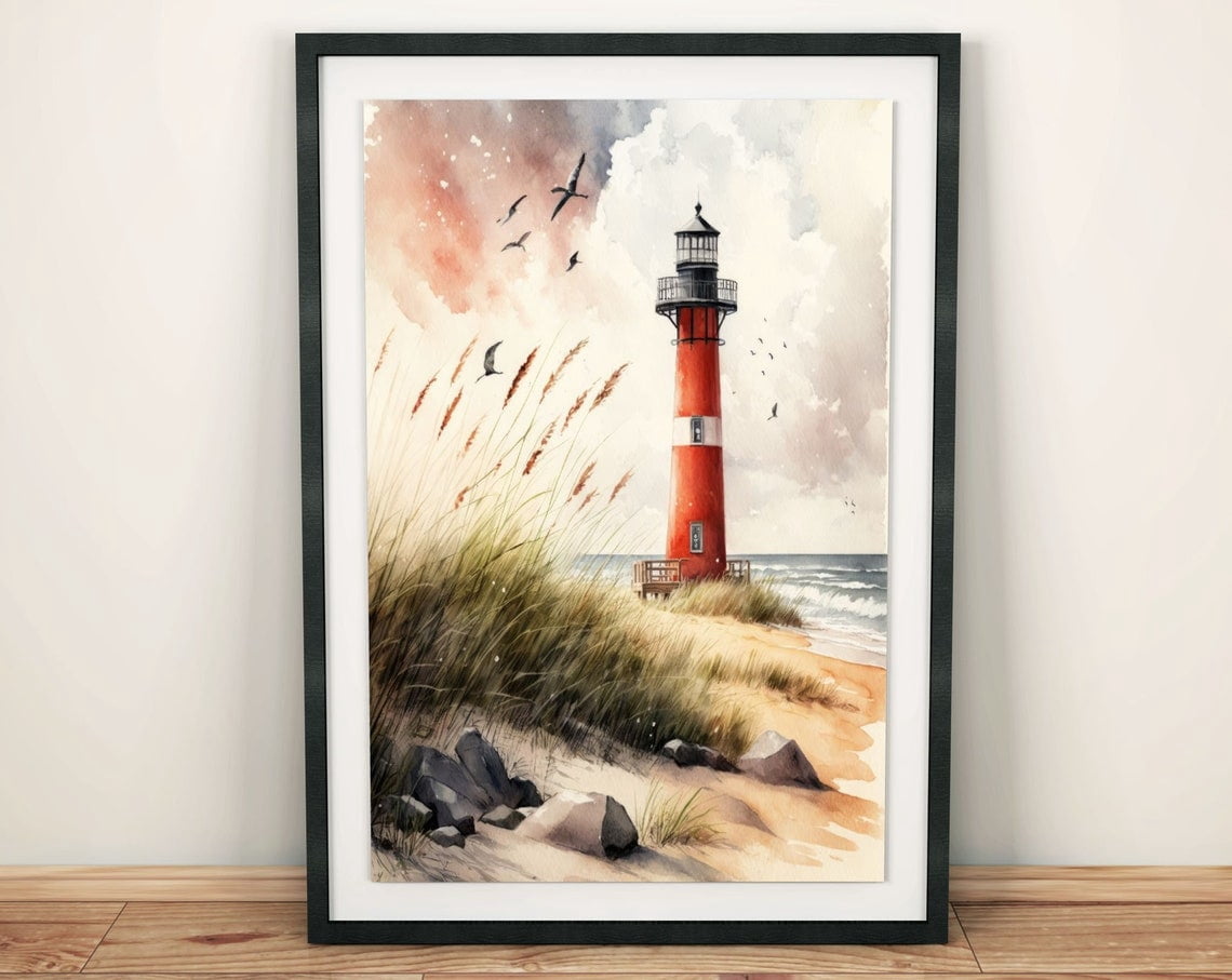 Decorative Watercolor Poster: Red Lighthouse On The Beach Maritime ...