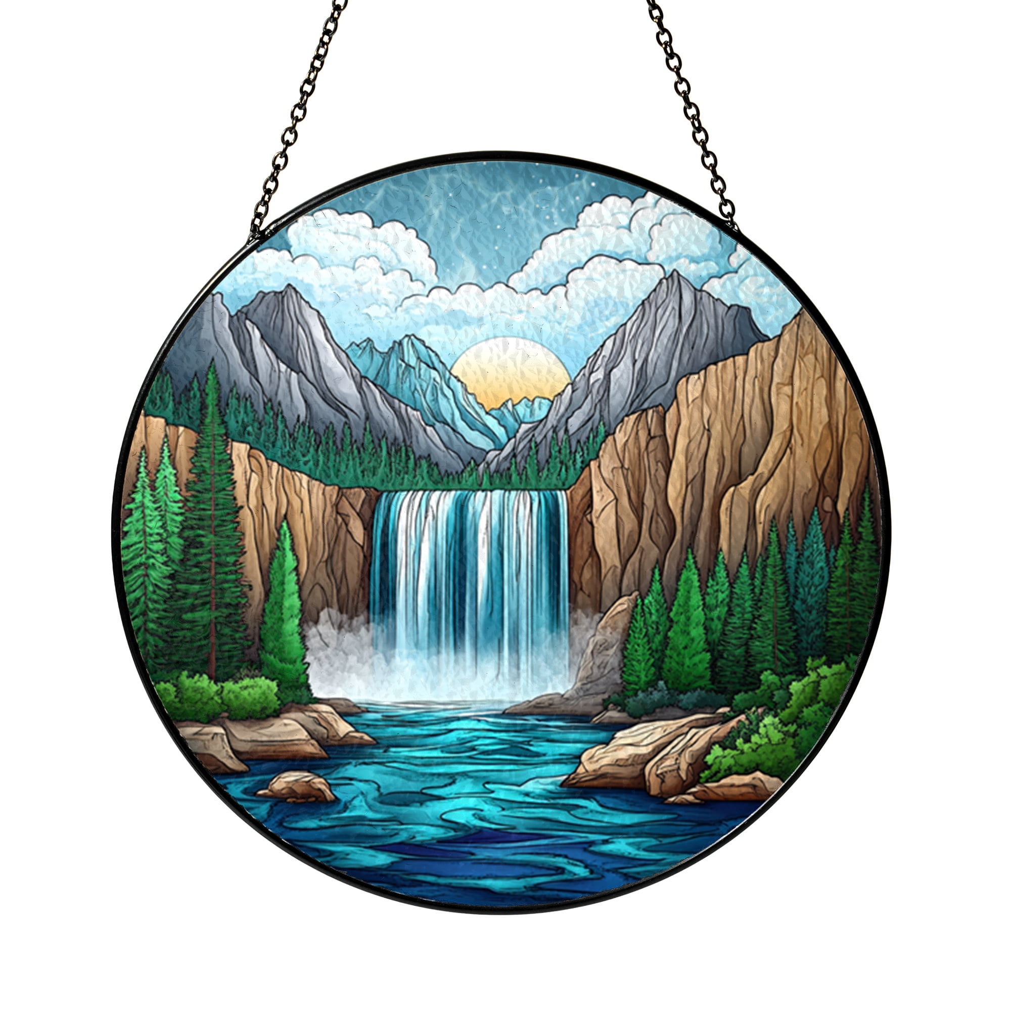 Decorative Waterfall Mountain Stained Glass Suncatcher, River Landscape ...