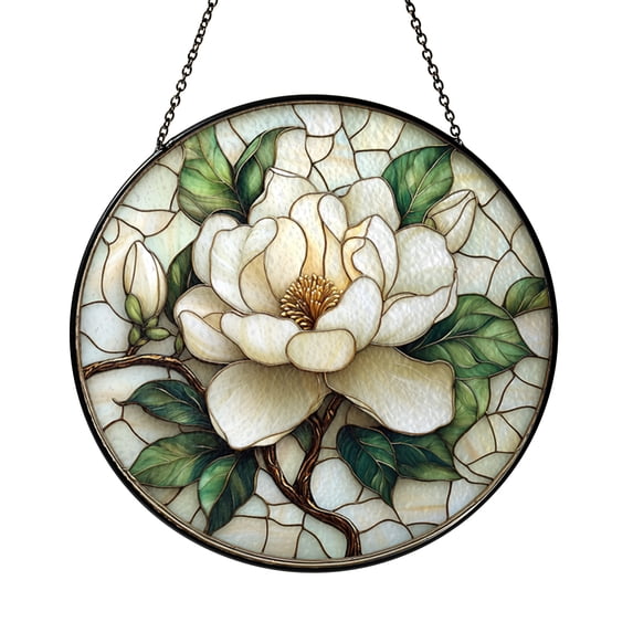 Decorative White Magnolia Glass Style Window Hanging, Floral Botanical ...