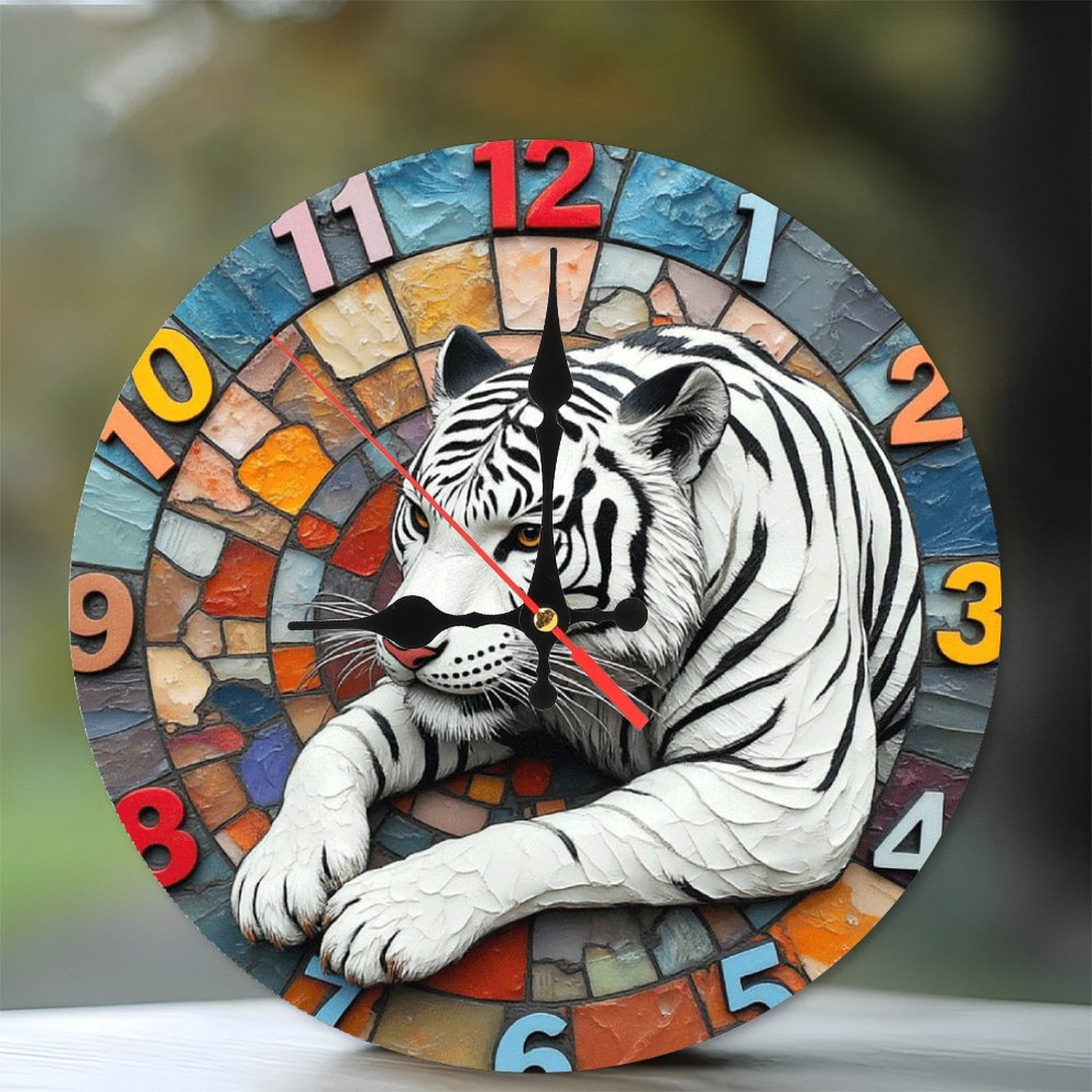Decorative White Tiger Wall Clock with Colorful Design 10-Inch Silent ...