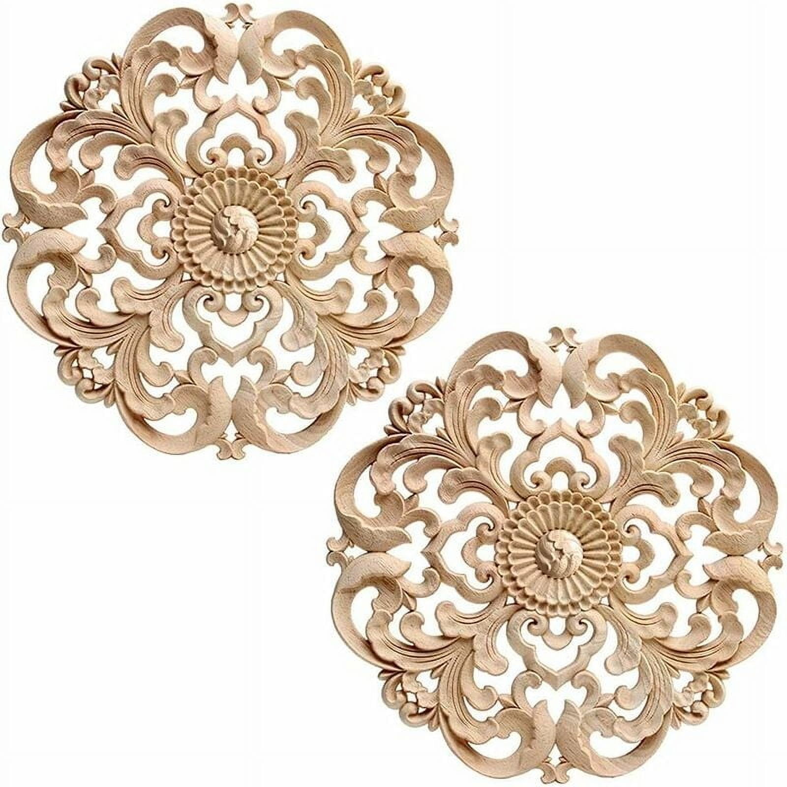 Decorative Wood Molding 2 Pieces Carved Wood Applique 15Cm Round Carved ...