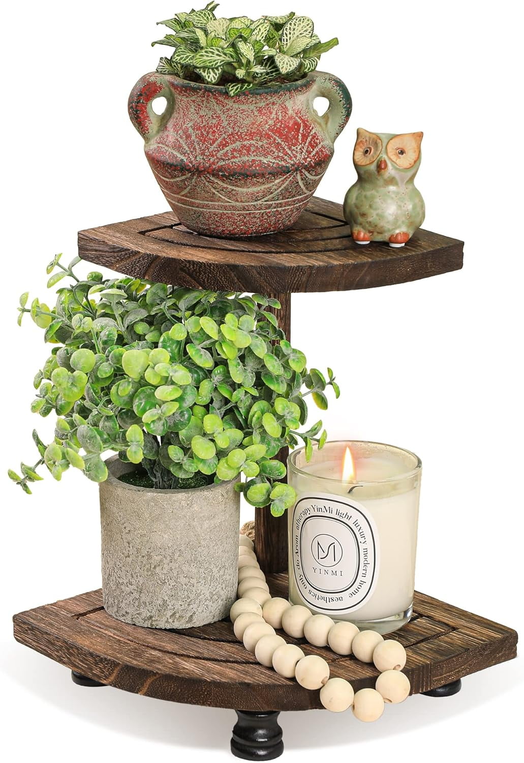 Decorative Wood Riser for Display, 2-Tier Rustic Corner Shelf for ...