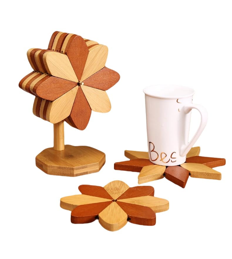 Decorative Wooden Trivet Set, Windmill Flower Design, 5 Pieces with ...