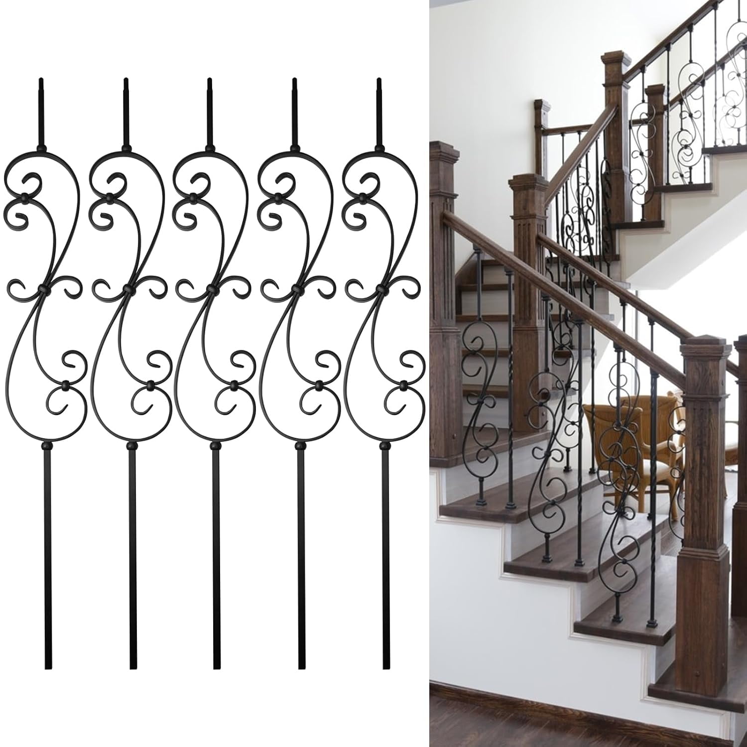 Decorative Wrought Iron Balusters - 5 Pack, "S" Scroll Design with ...