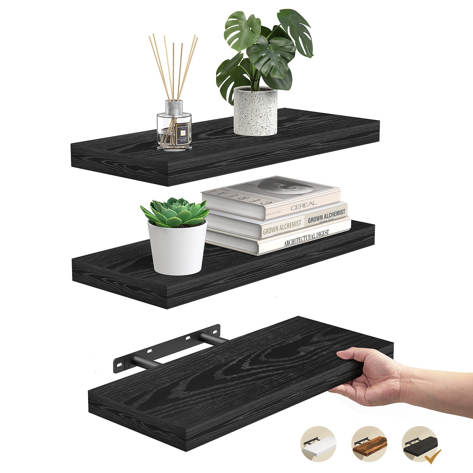 Ophanie 16 inch 3 Pack Wood Floating Shelves, Hanging Float Shelf for ...