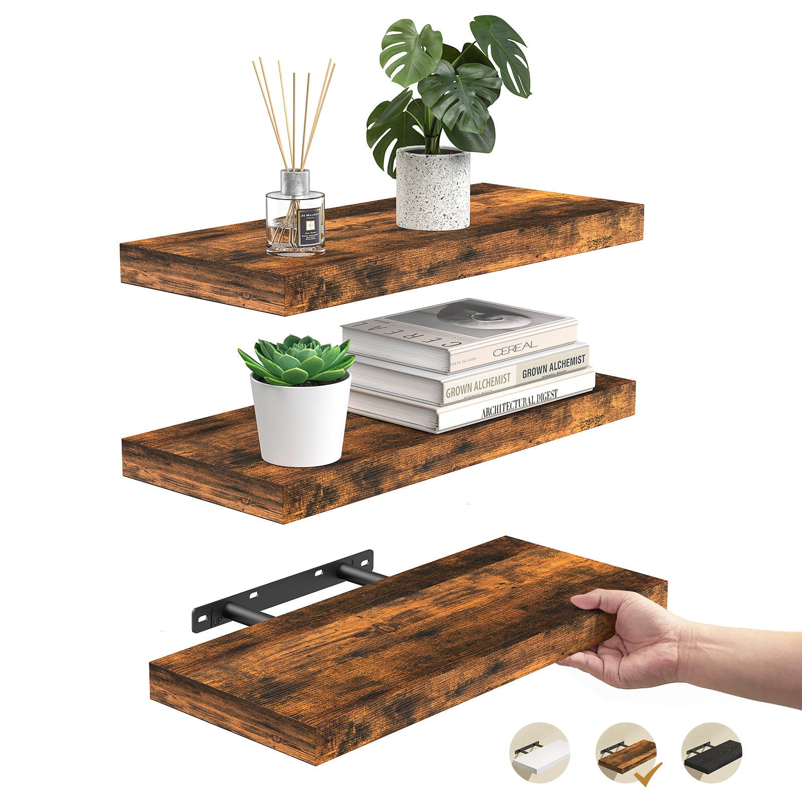 Ophanie 16 inch 3 Pack Wood Floating Shelves, Hanging Float Shelf for ...