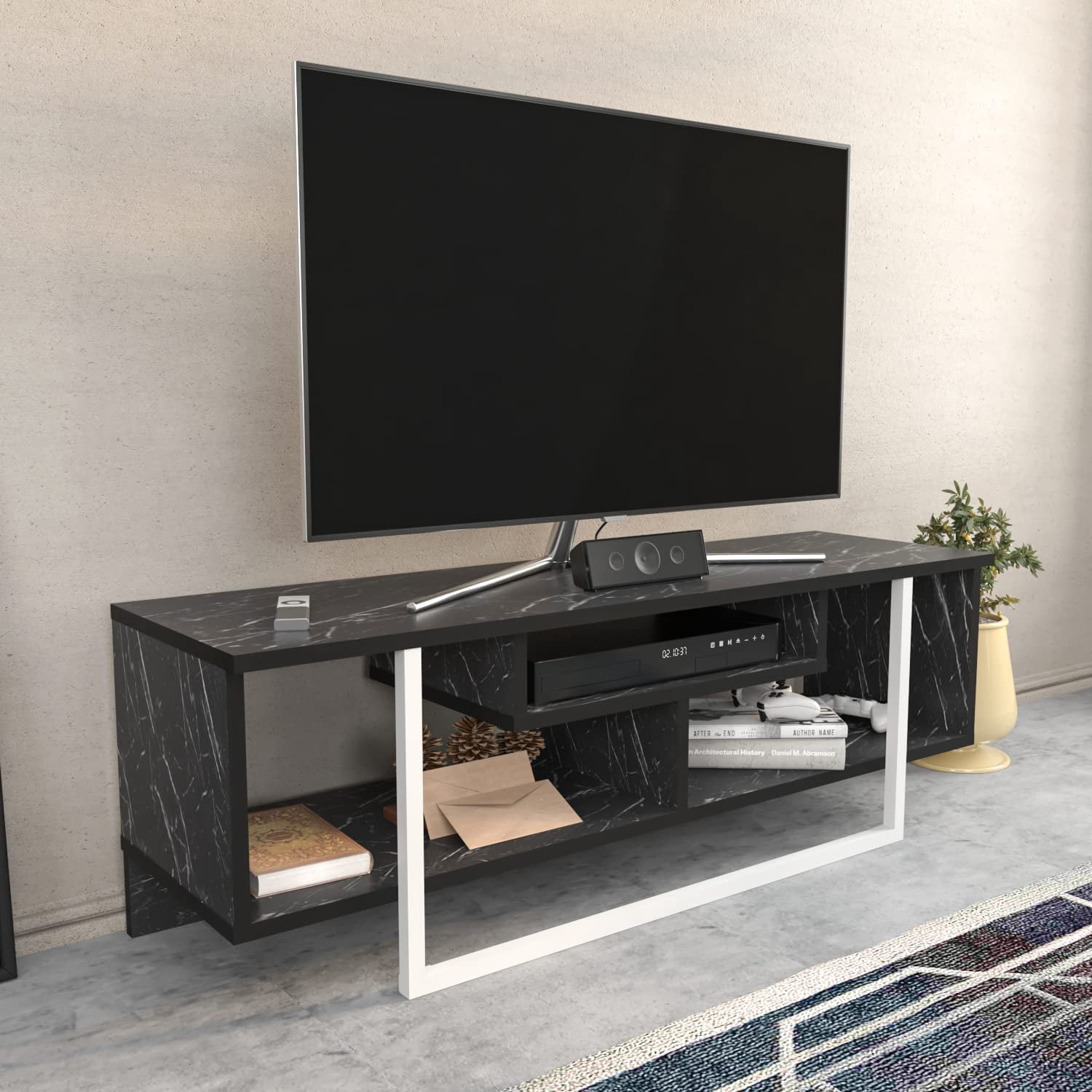 Decorotika Asal Modern Minimal Open Shelf Wood Metal Frame TV Stand ...