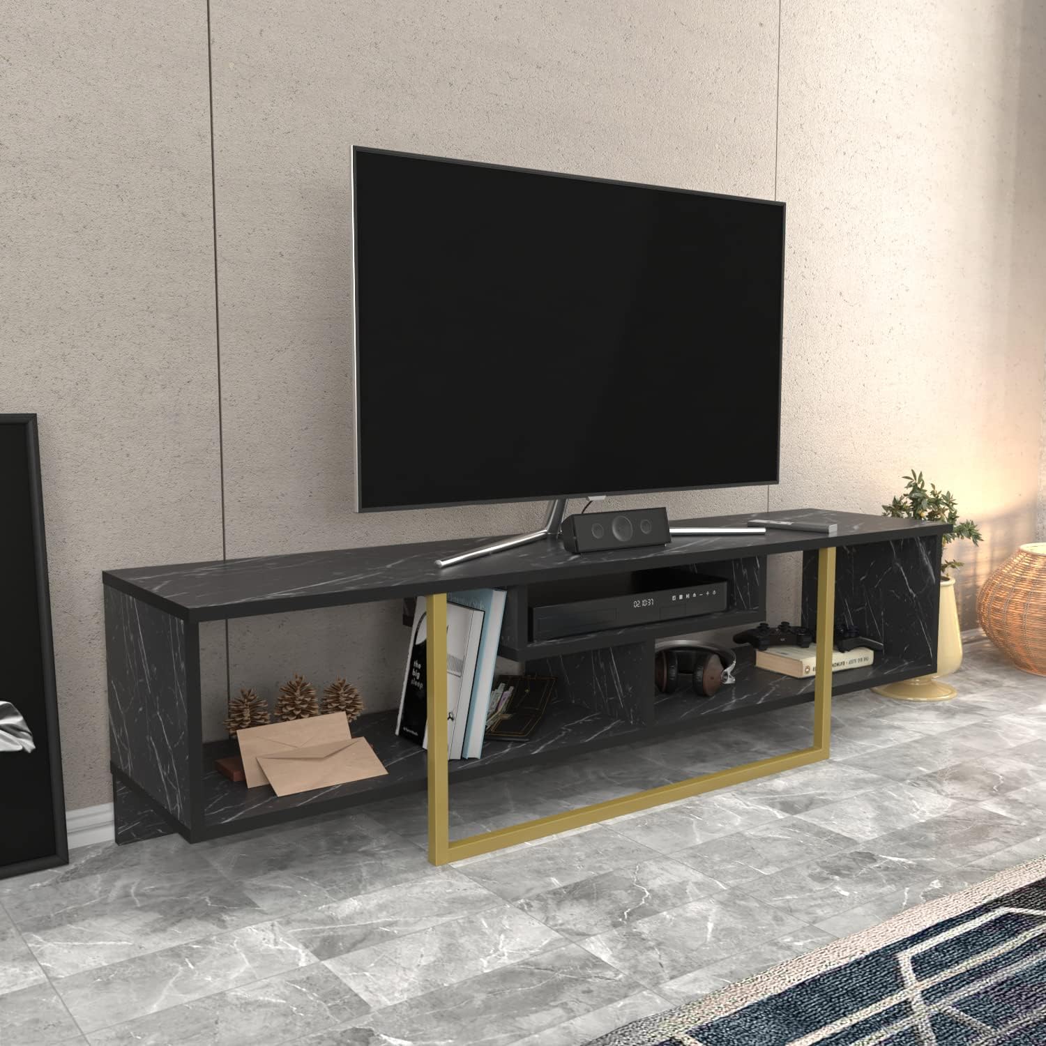 Decorotika Asal Modern Minimal Open Shelf Wood Metal Frame TV Stand ...