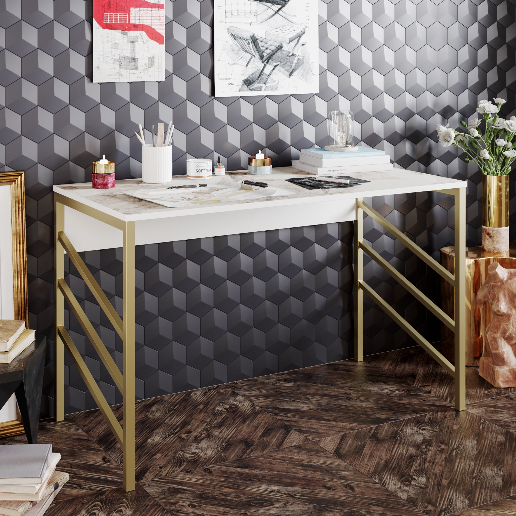 Decorotika Tuna 47" Computer Desk with Bow Front, Marble Melamine ...