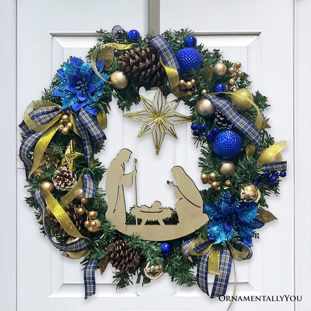 Decorous Nativity Christmas Wreath, Blue and Gold Ribbons and ...