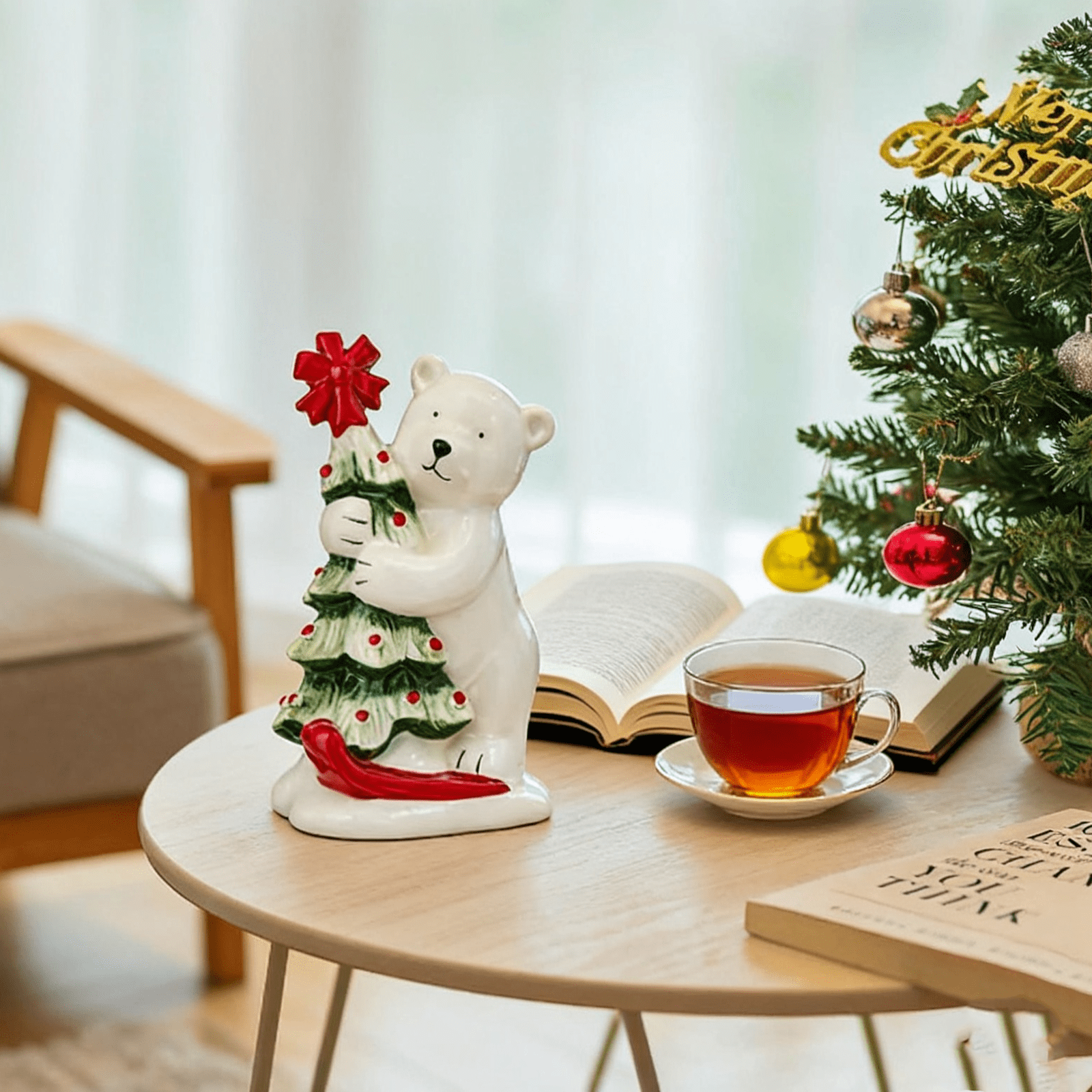 Decorr 1Pc 6-Inch Bear & Christmas Tree Decorative Statue, Cute Bear ...