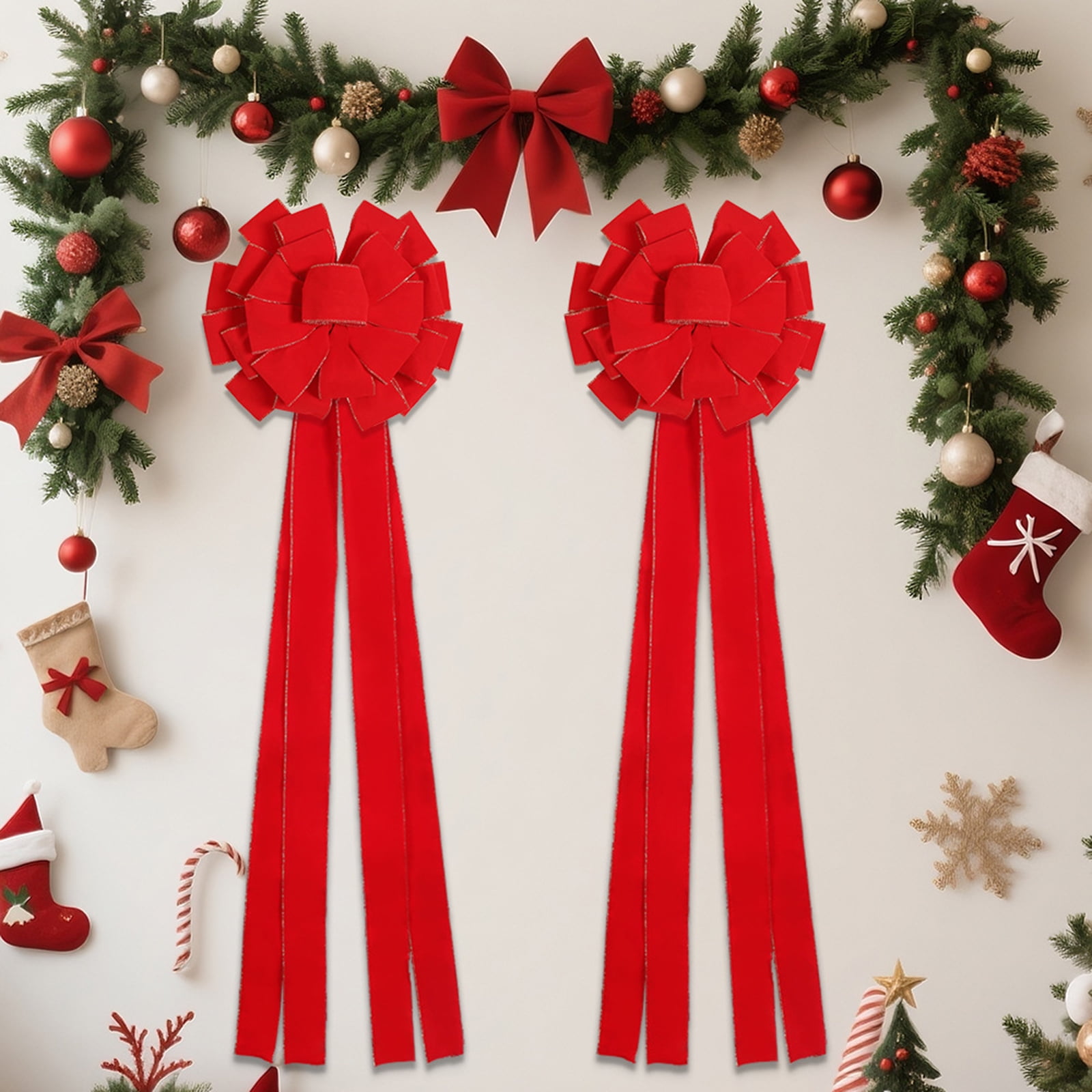 Decorr Flocked Red Velvet Christmas Bow With Gold Wire Edge, Large ...