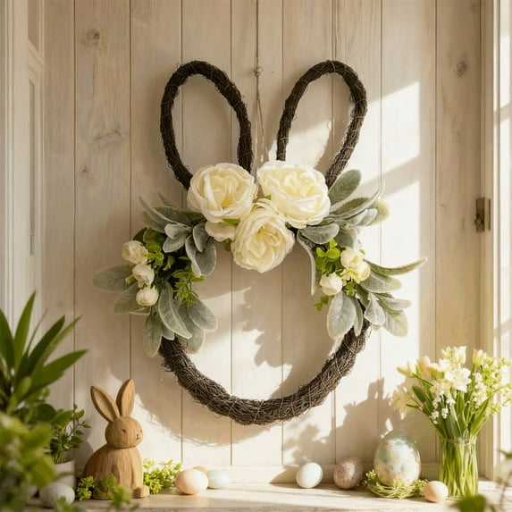 Decorr Rattan Bunny Wreath with Artificial Roses & Willow Leaves, 15.7 ...