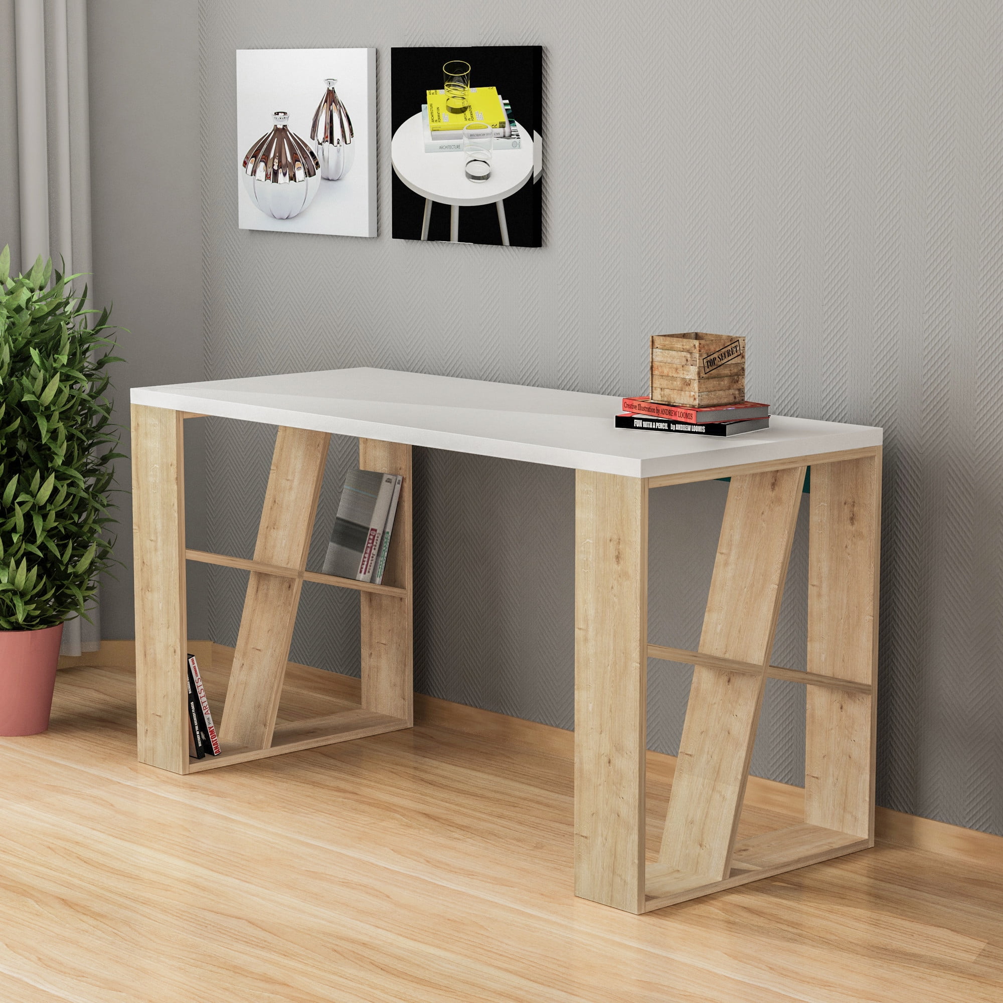 Decortie-Honey -White, Oak-Study Desk - Walmart.com