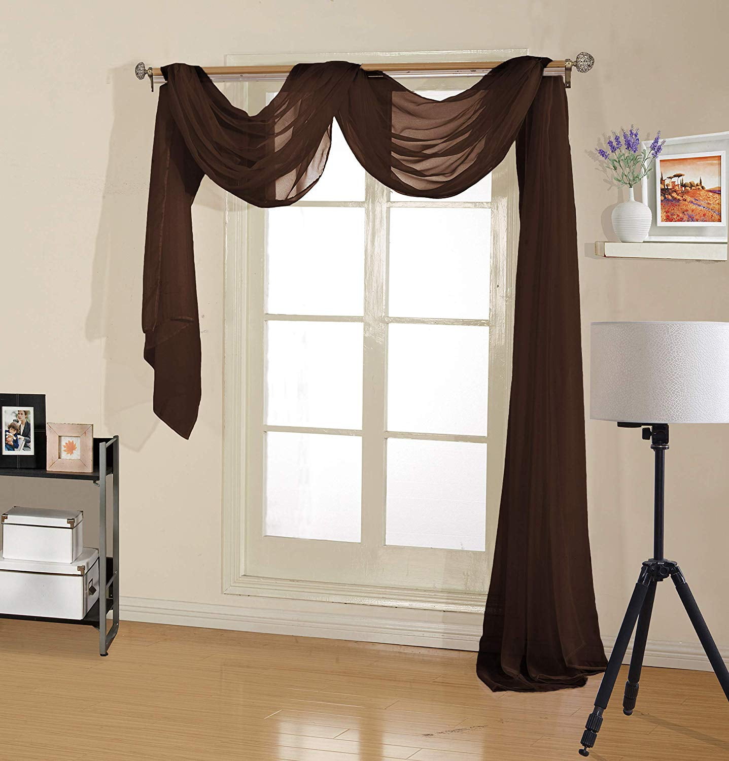 Decotex Modern Brown Solid Print Draping Sheer Kitchen Curtain 54 x 216