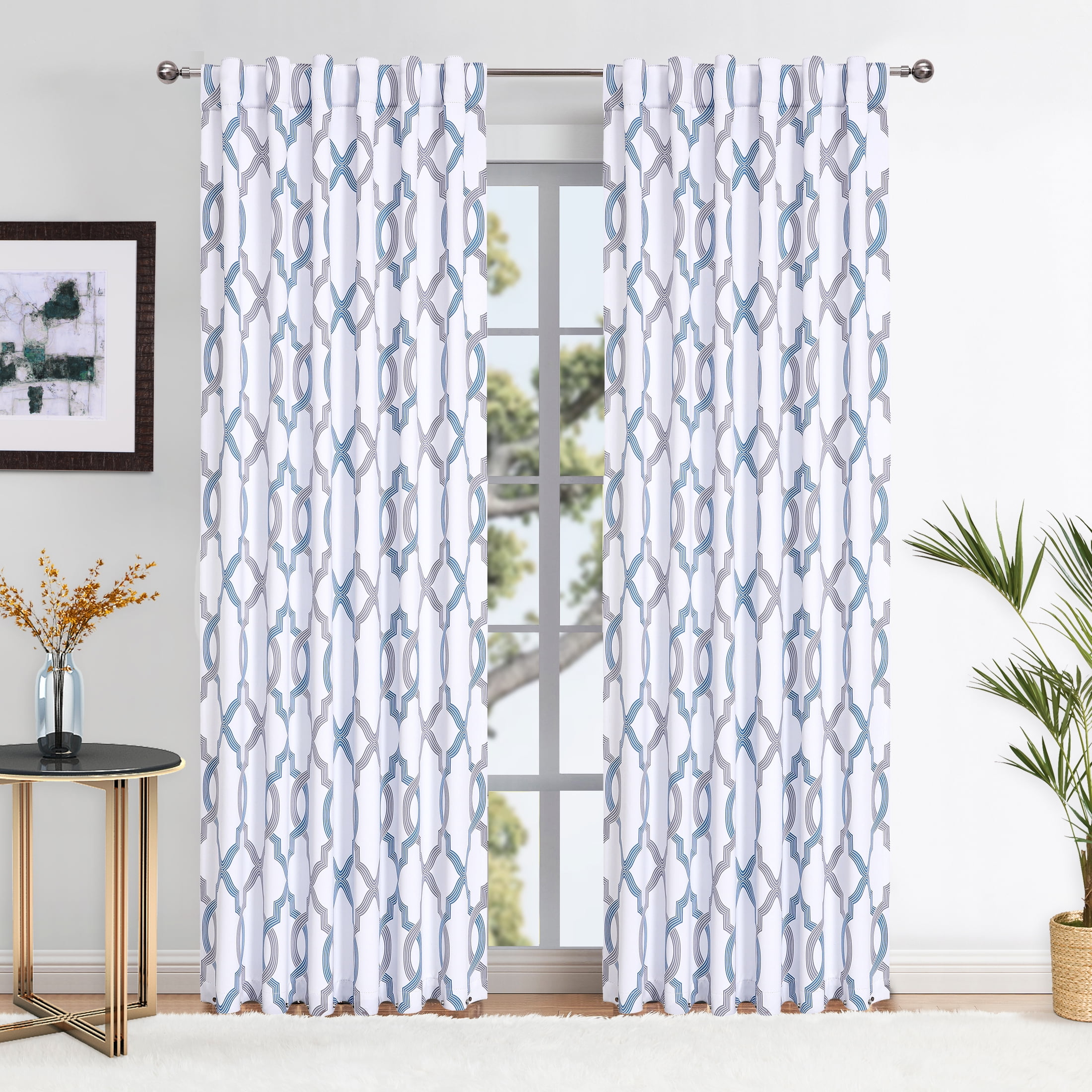 Decoultimatex Blue White Geometric Full Blackout Window Curtain Panel ...