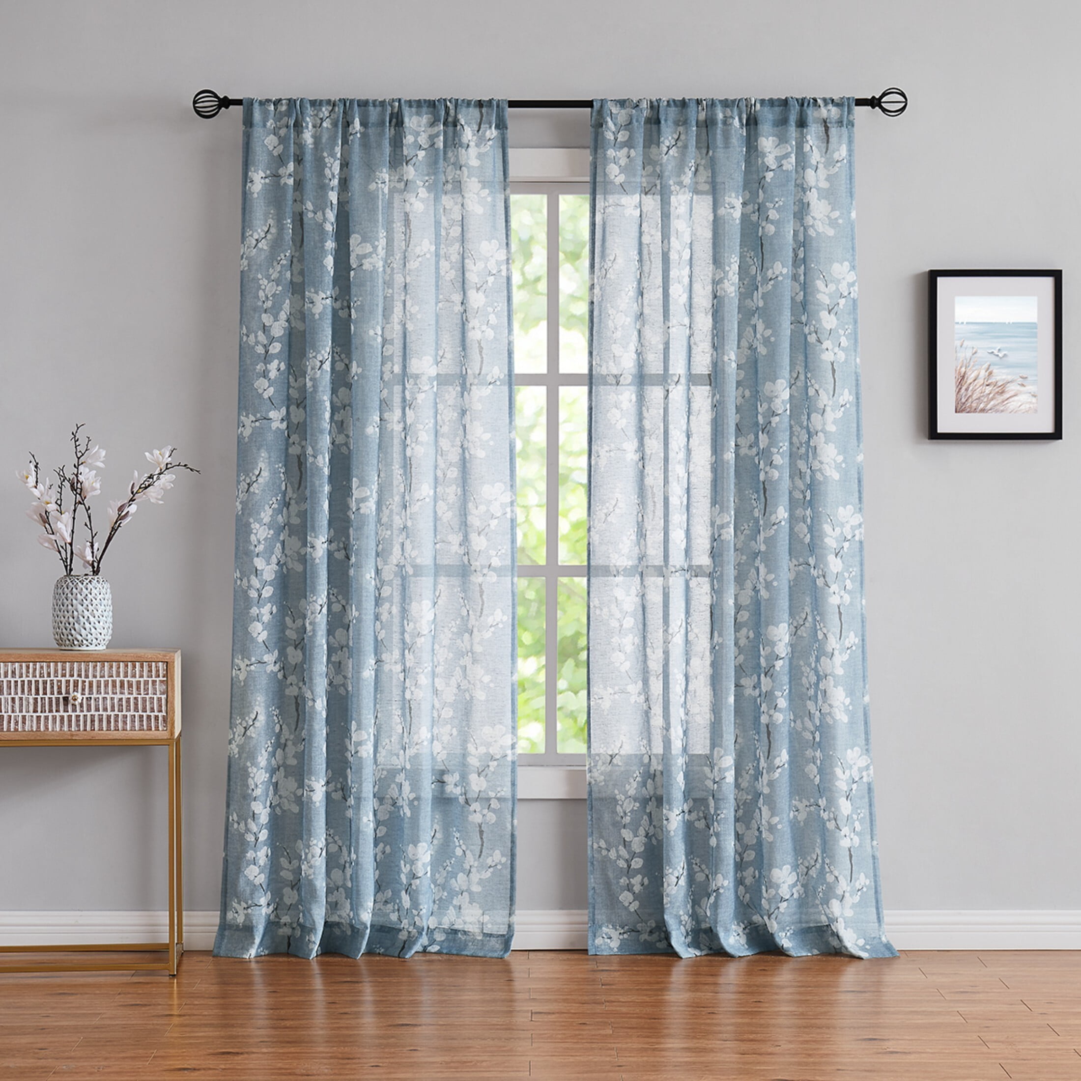 Decoultimatex Floral Blue Sheer Curtain for Living Room Blossom Print ...