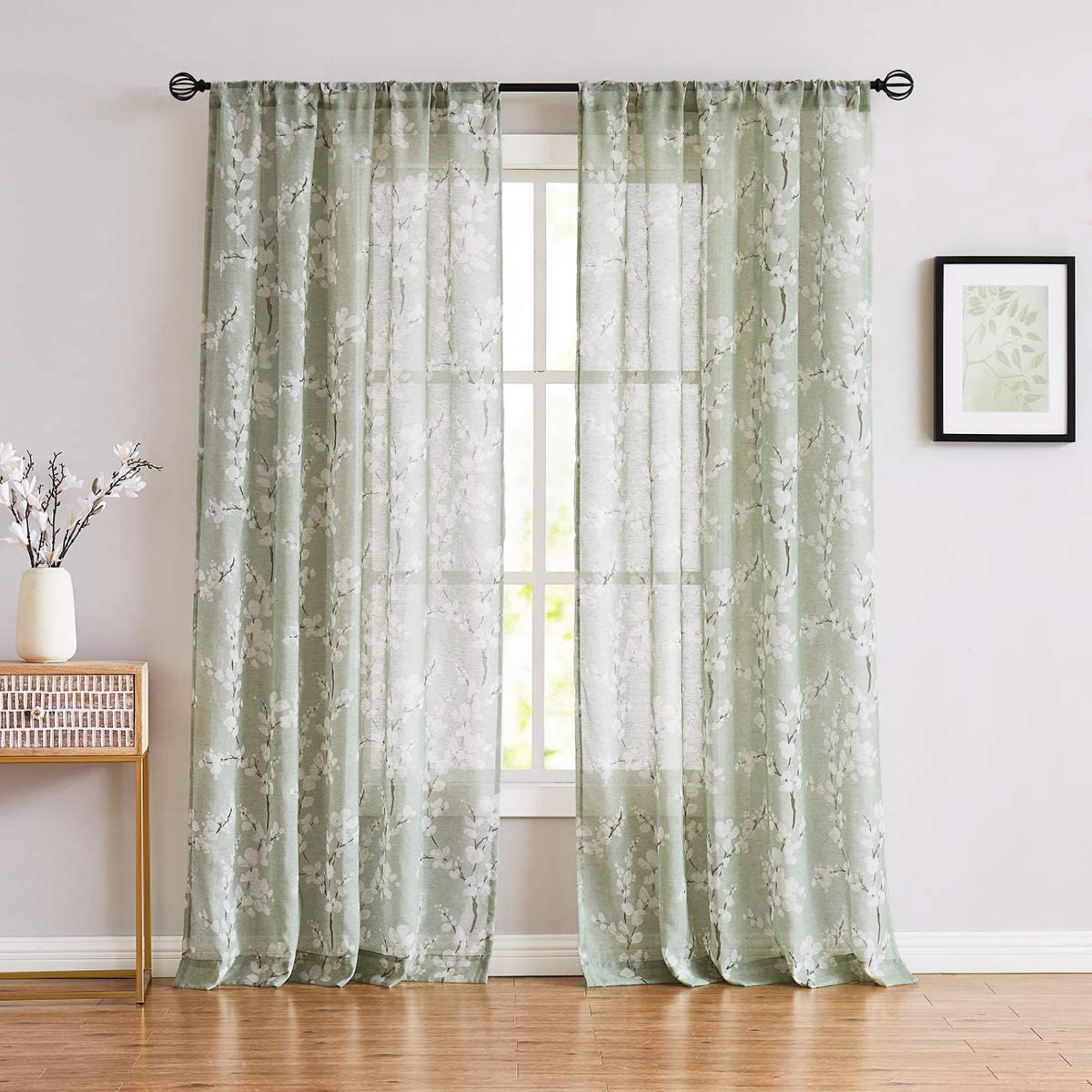"Decoultimatex Floral Print Drape Sheer Curtain, Linen Blend, Rod ...