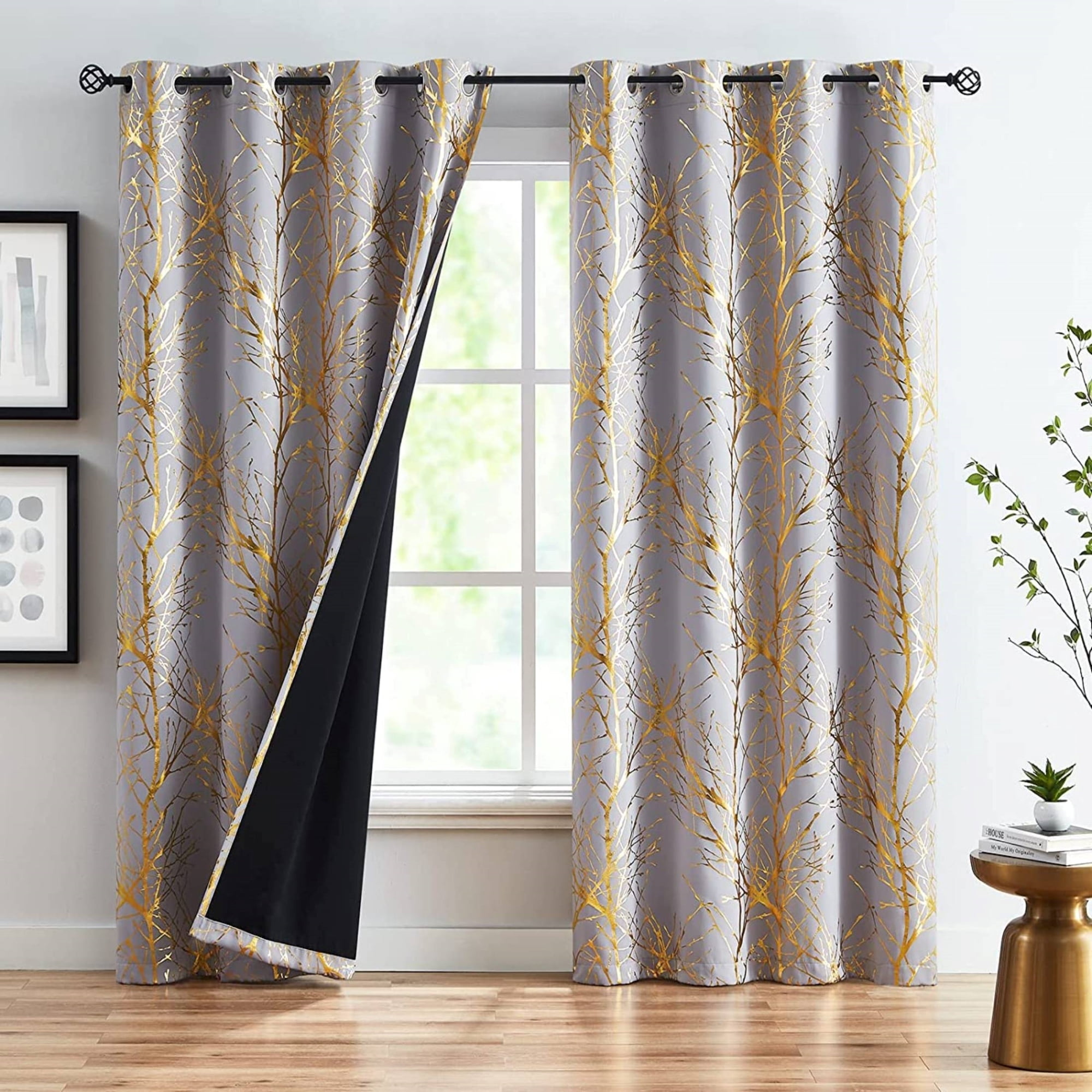 "Decoultimatex Foil Gold Tree Branch Blackout Curtains, Room Darkening ...