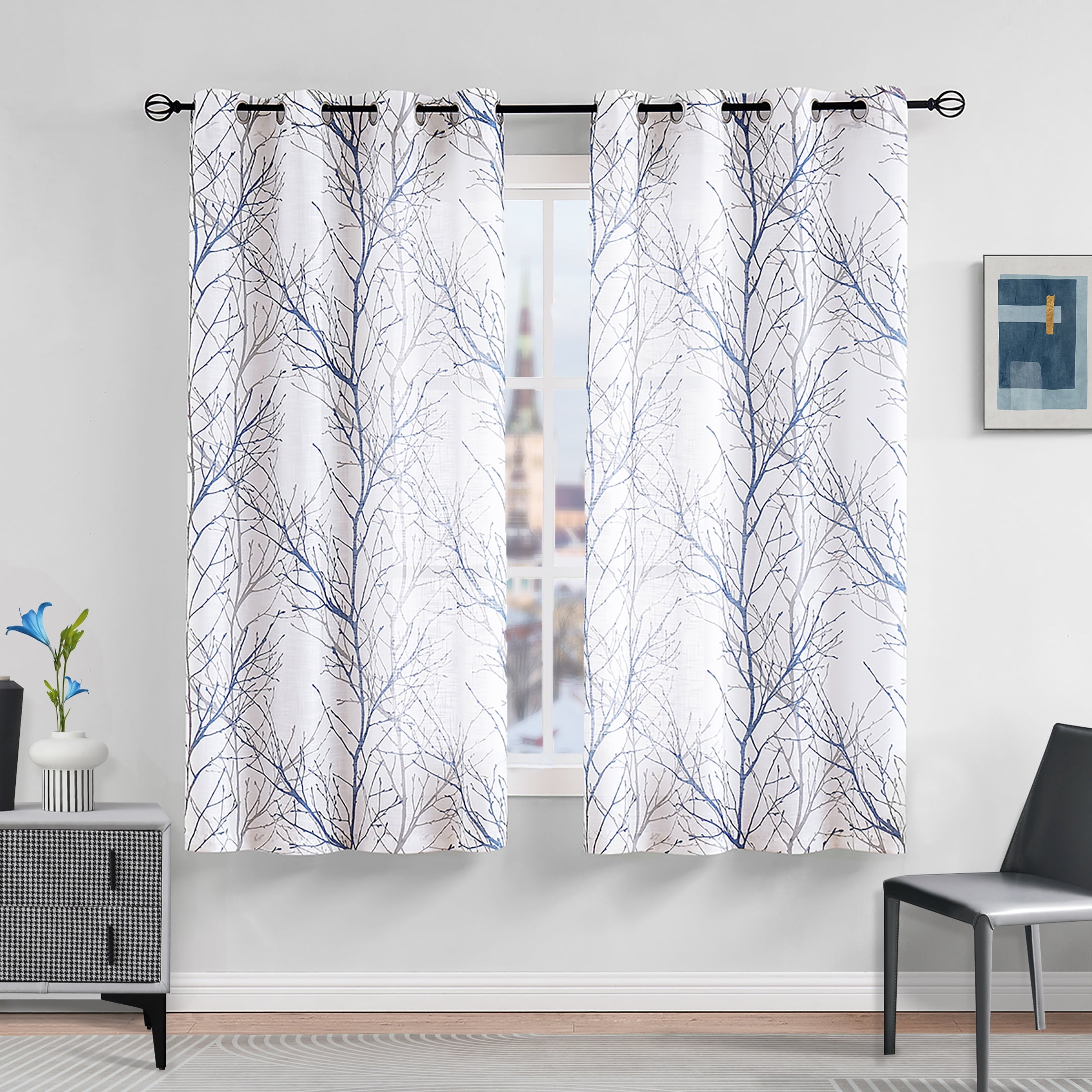 "Decoultimatex Semi-Sheer White Curtain Panels with Blue Gray Tree ...