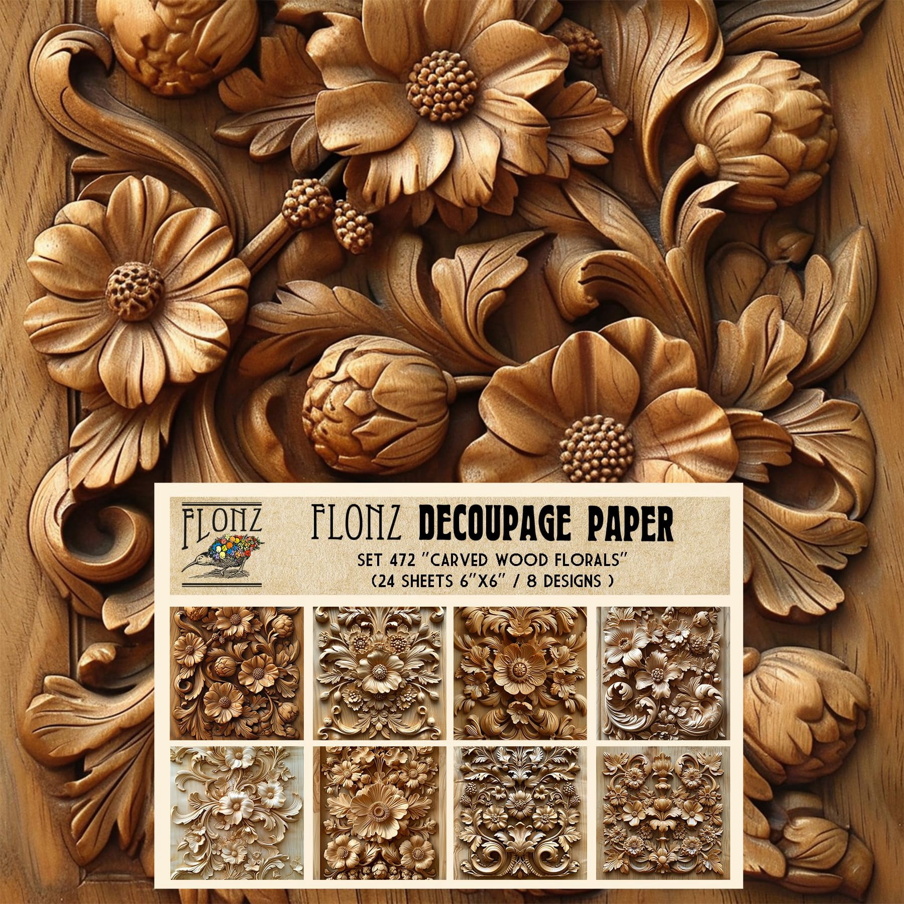 Decoupage Paper Pack (24 IFF17 Sheets 6"x6") Carved Wood Florals ...