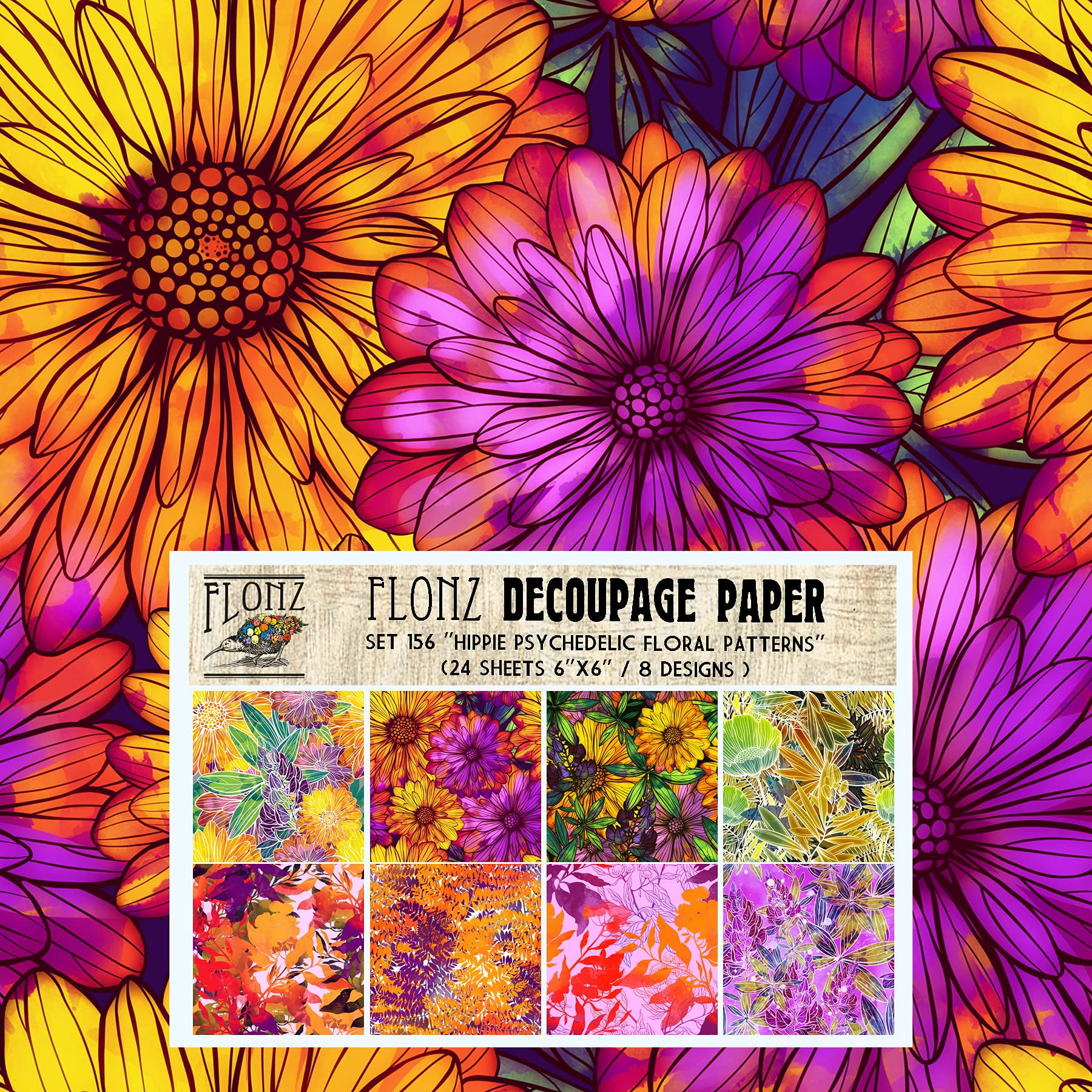 Decoupage Paper Pack (24 MSF2 Sheets 6"x6") Hippie Psychedelic Floral ...