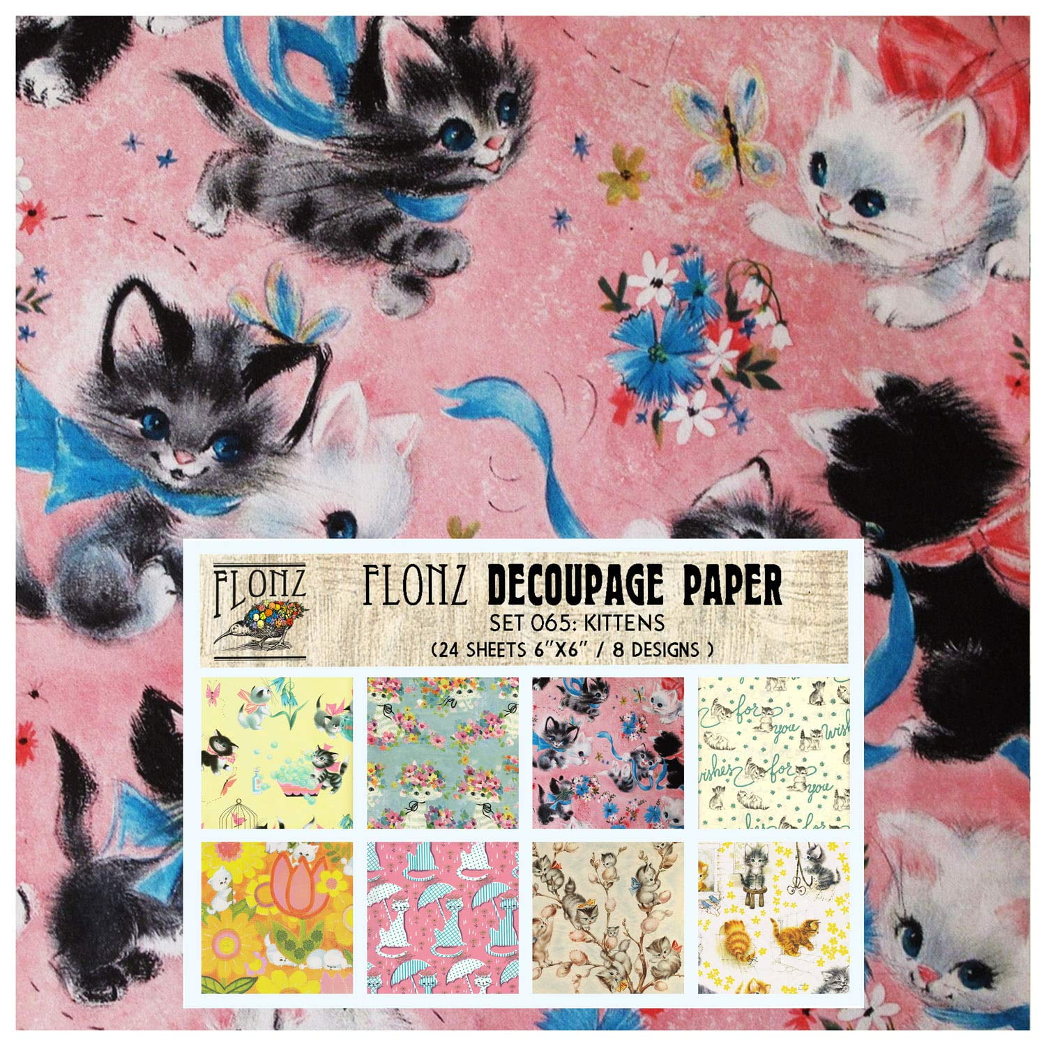Decoupage Paper Pack (24 OIF8 Sheets 6"x6") Patterns with Kittens FLONZ ...